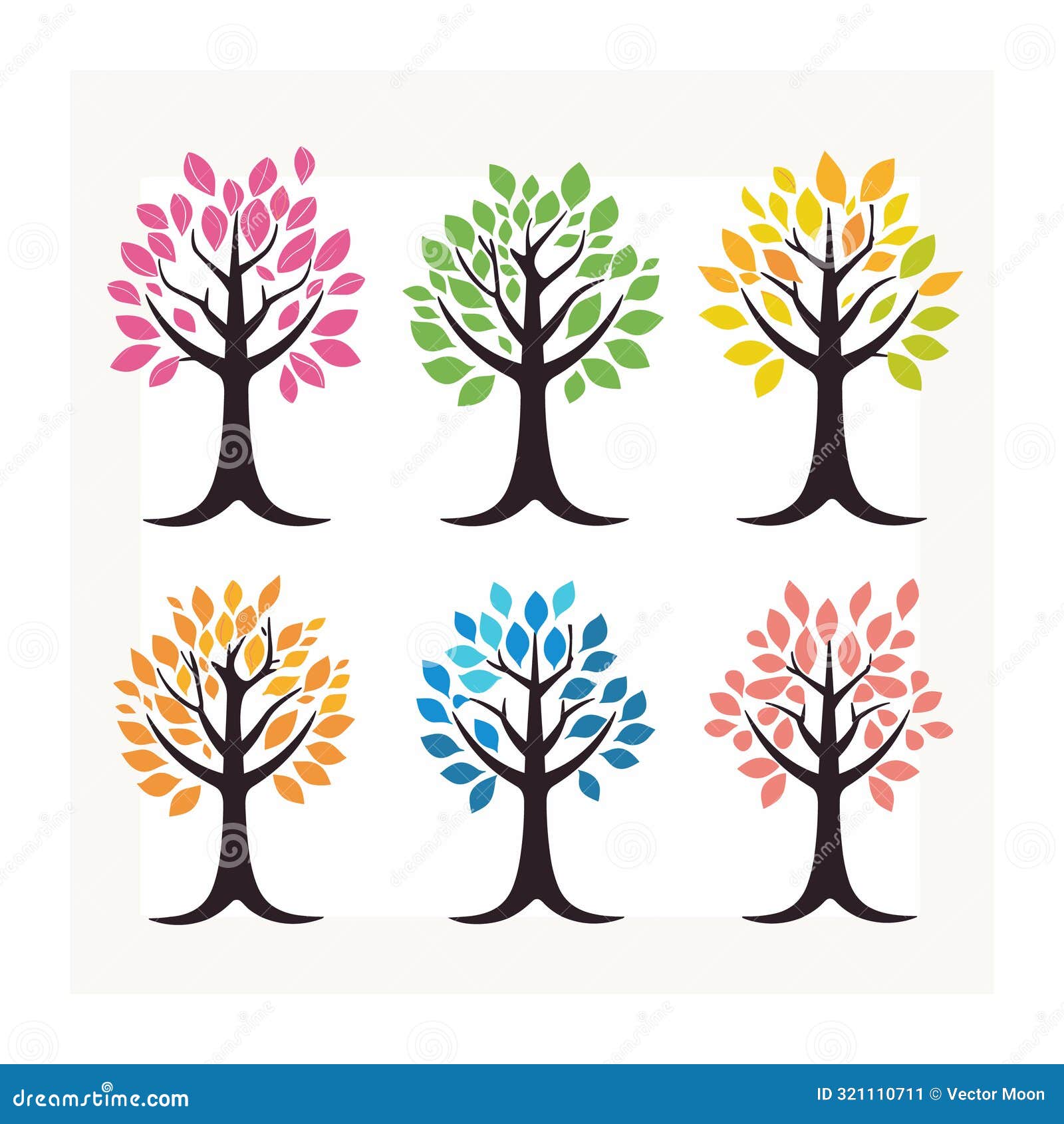 Nine Stylized Trees Arranged Three Rows Three Columns, Tree Has ...