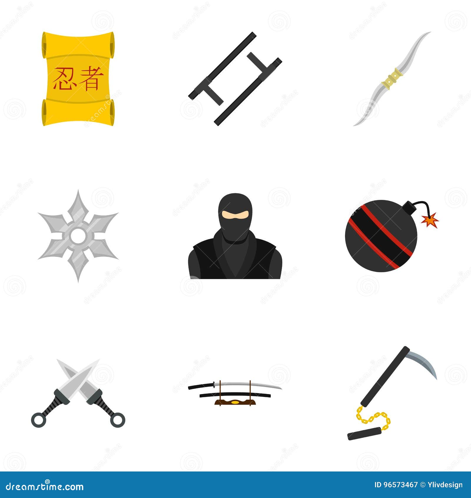 Ninja Arsenal Icons Set, Flat Style Stock Vector - Illustration of ...