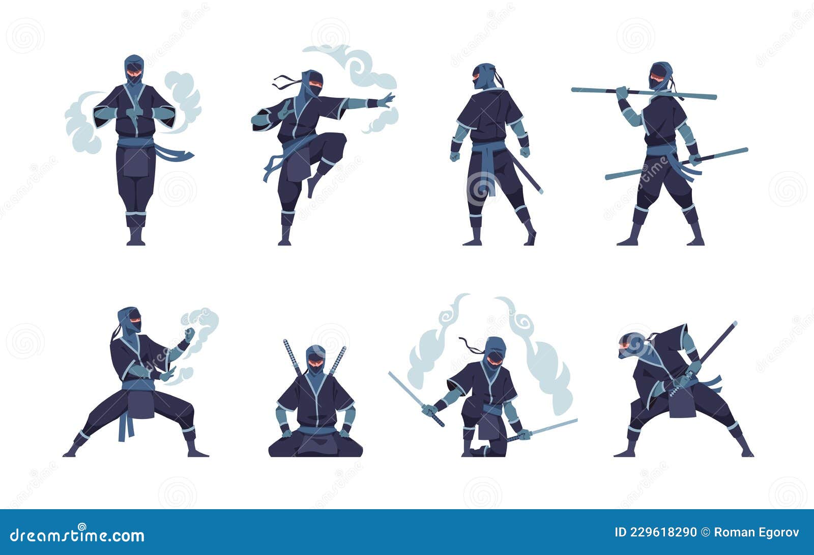 Ninja Fight Cartoon Scene With Ancient Japanese Warriors In Black