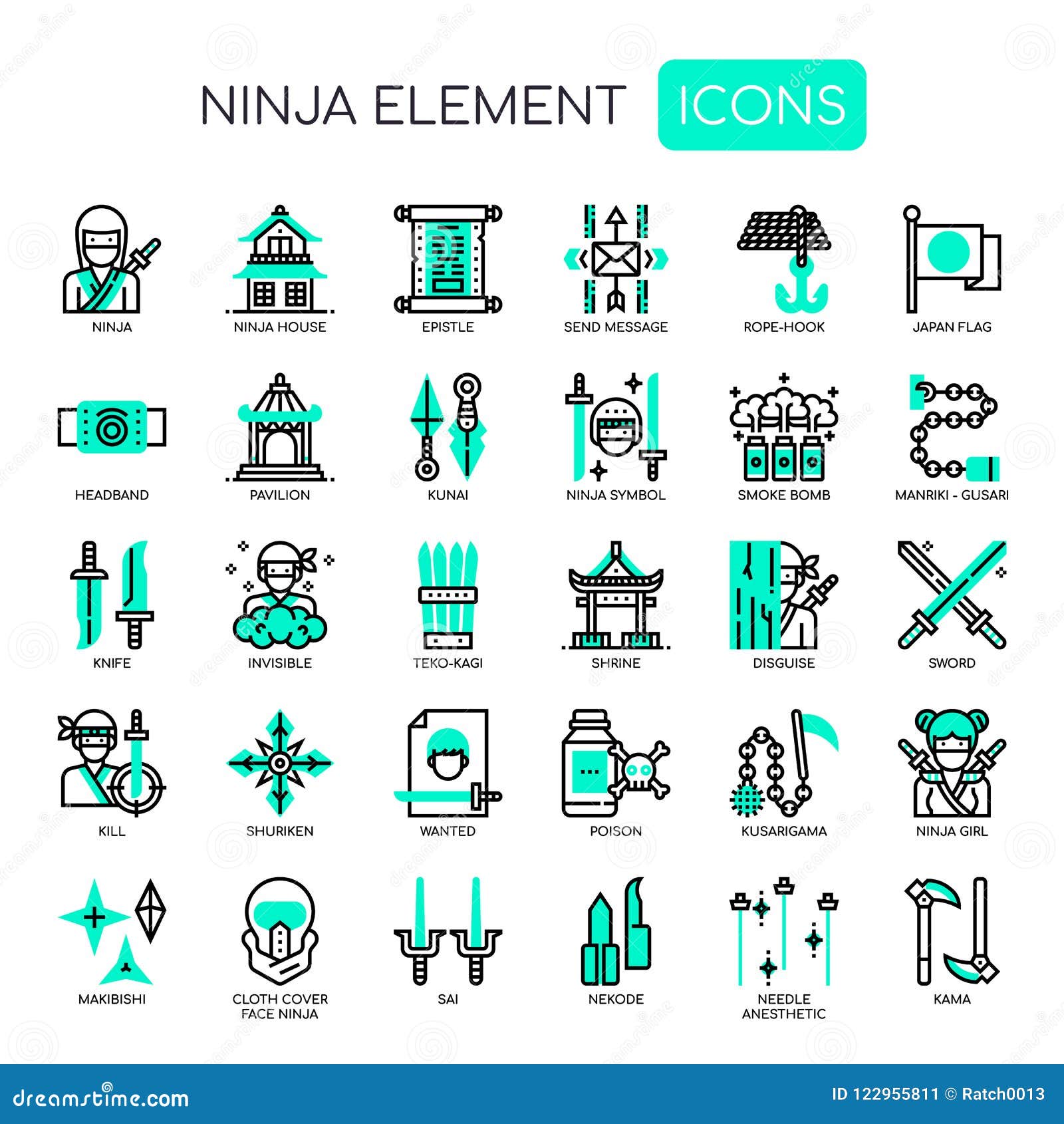 Ninja Elements , Pixel Perfect Icons Stock Vector - Illustration of ...