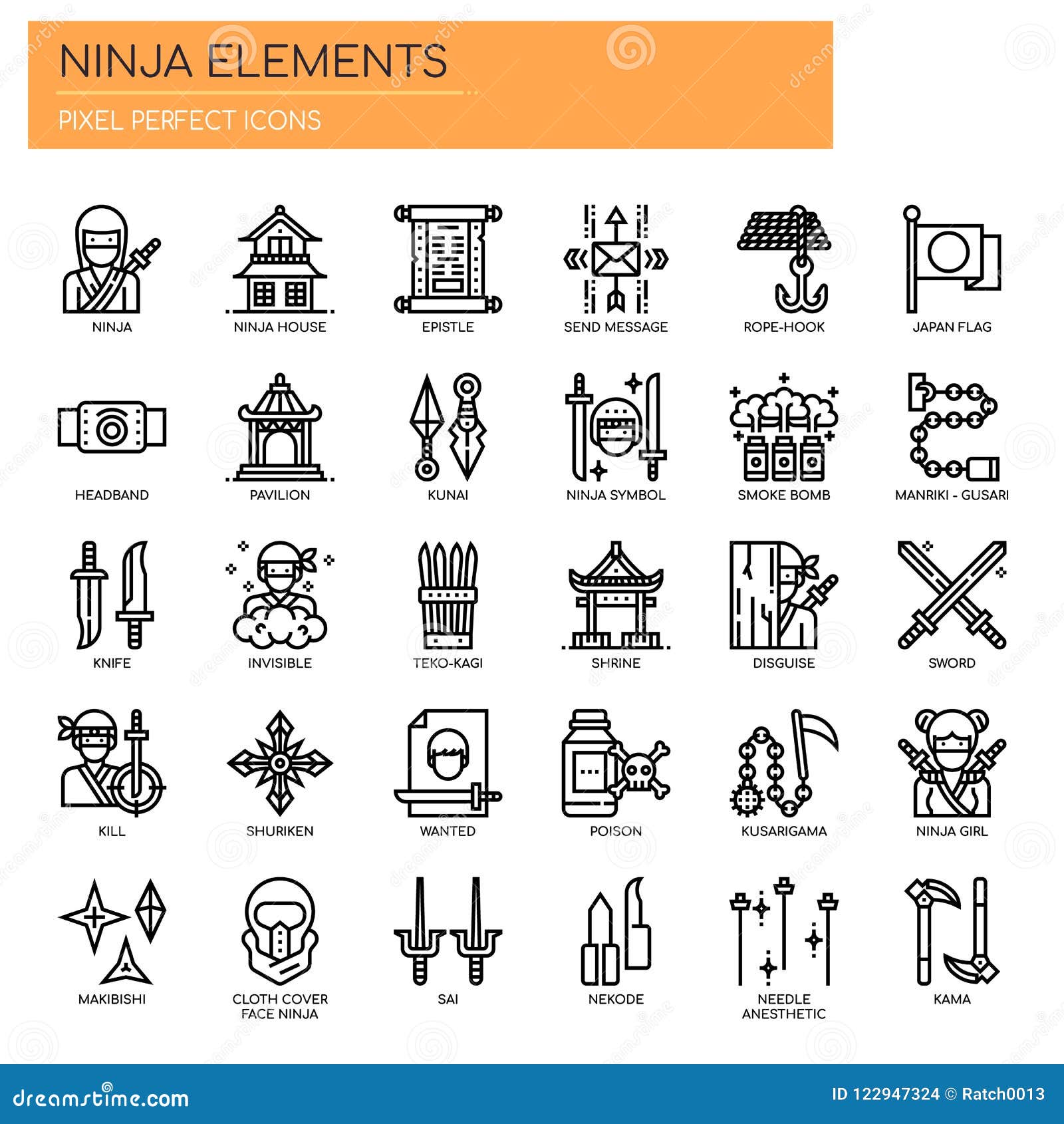 Ninja Elements , Pixel Perfect Icons Stock Vector - Illustration of ...