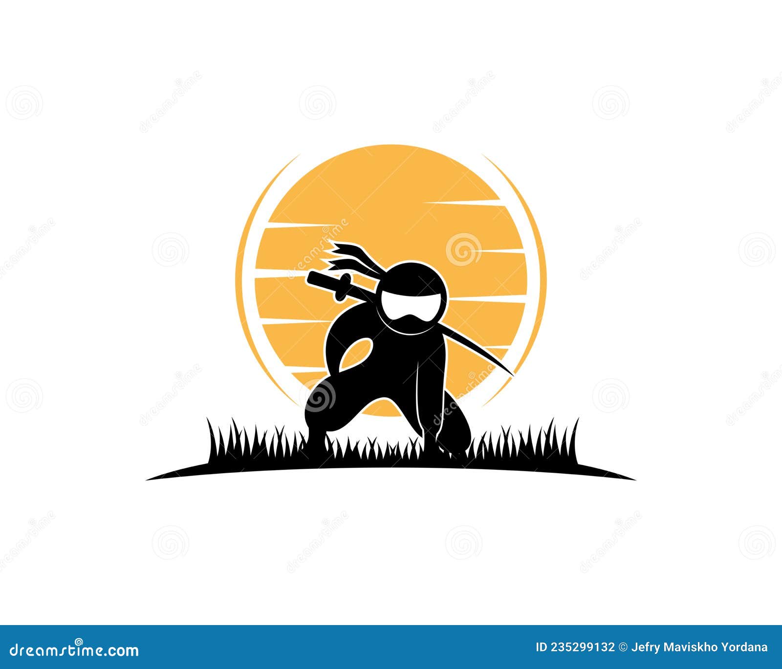 Ninja on the Grass with Sunset Behind Stock Illustration - Illustration ...