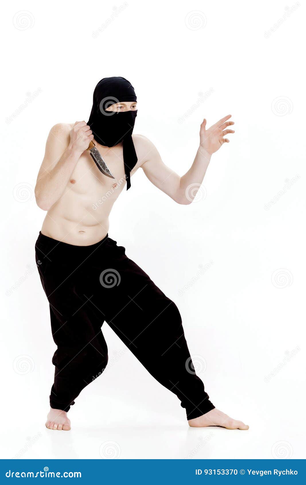 Ninja Man Holds Knife and is Ready To Attack on White Background Stock ...