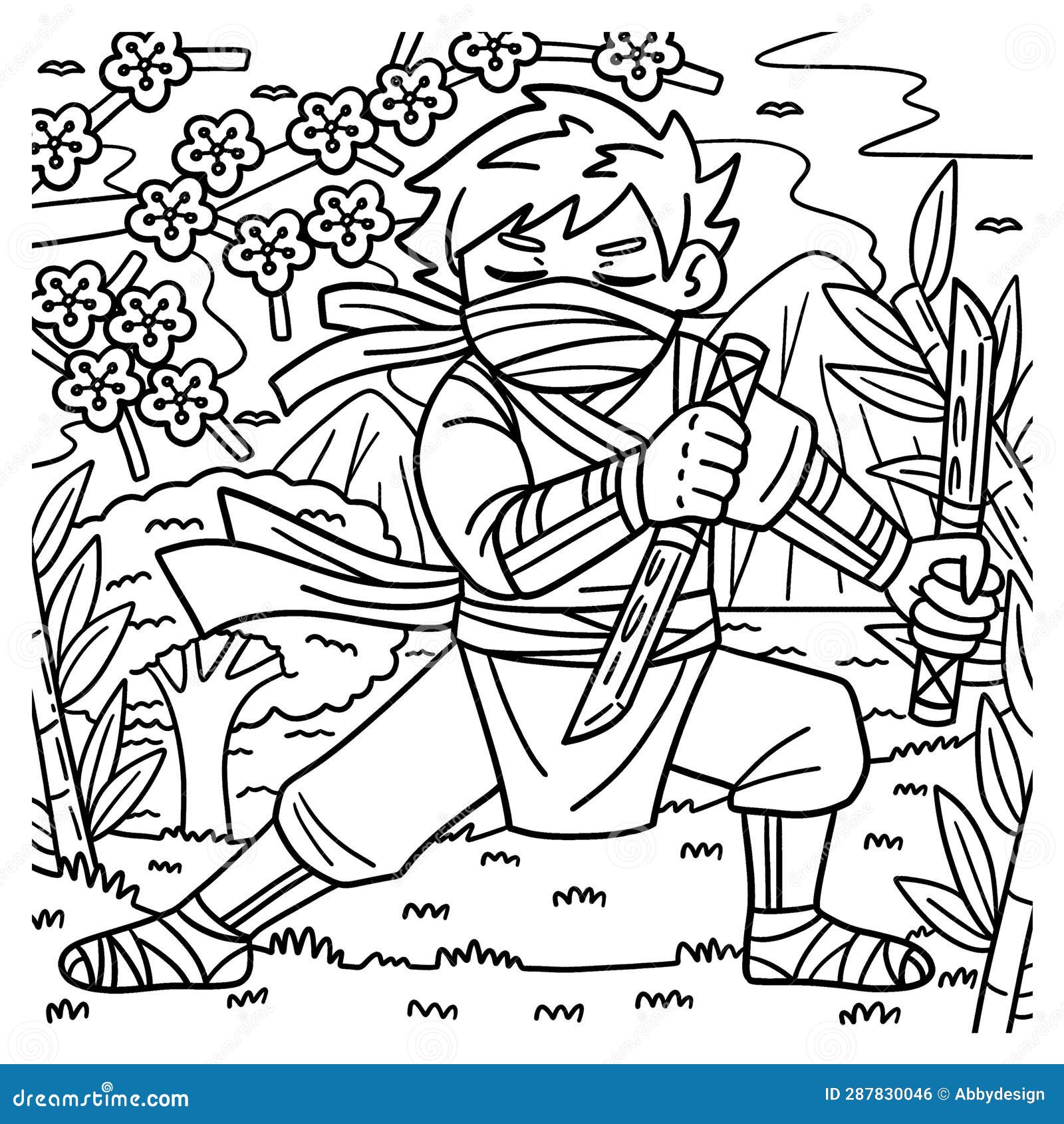 Ninja With Ninjato Isolated Coloring Page For Kids Vector Illustration ... Ninja With Ninjato Isolated Coloring Page For Kids Vector Illustration ...