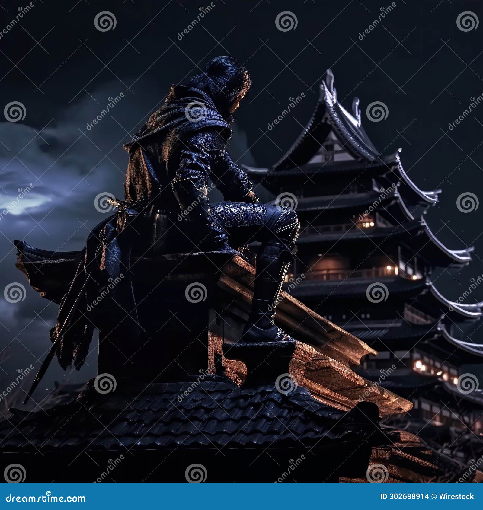 Ninja on the Rooftop Against the Backdrop of a Japanese Castle at Night ...