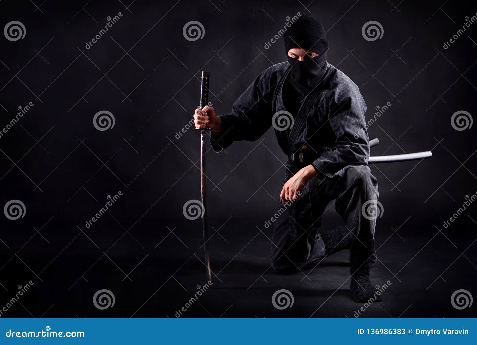 Ninja Samurai Crouched on One Leg Stock Image - Image of ancient, dark ...