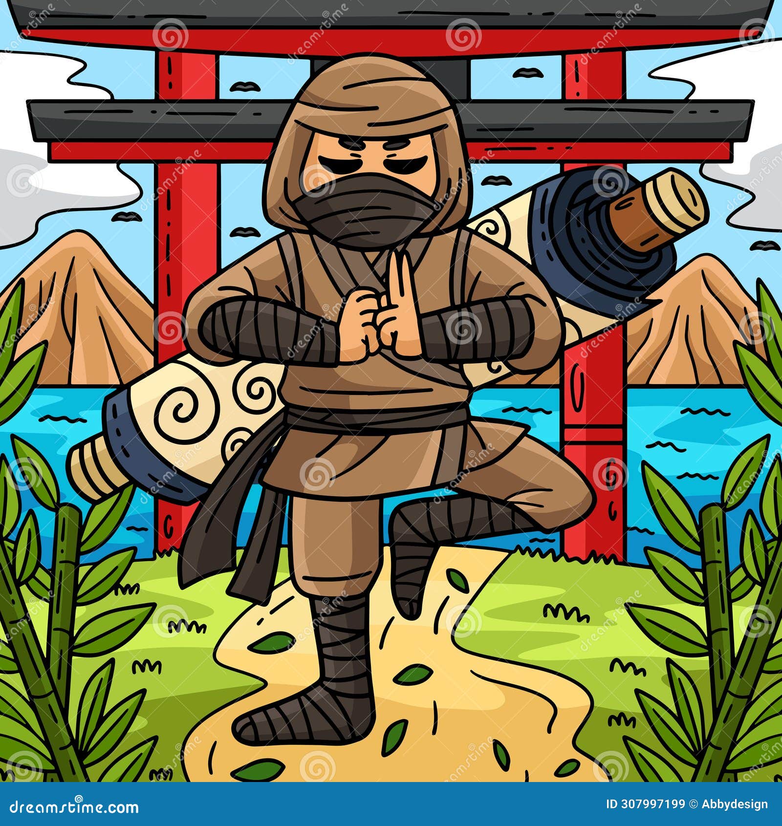 Ninja With A Scroll On Back Isolated Coloring Page Vector Illustration ...