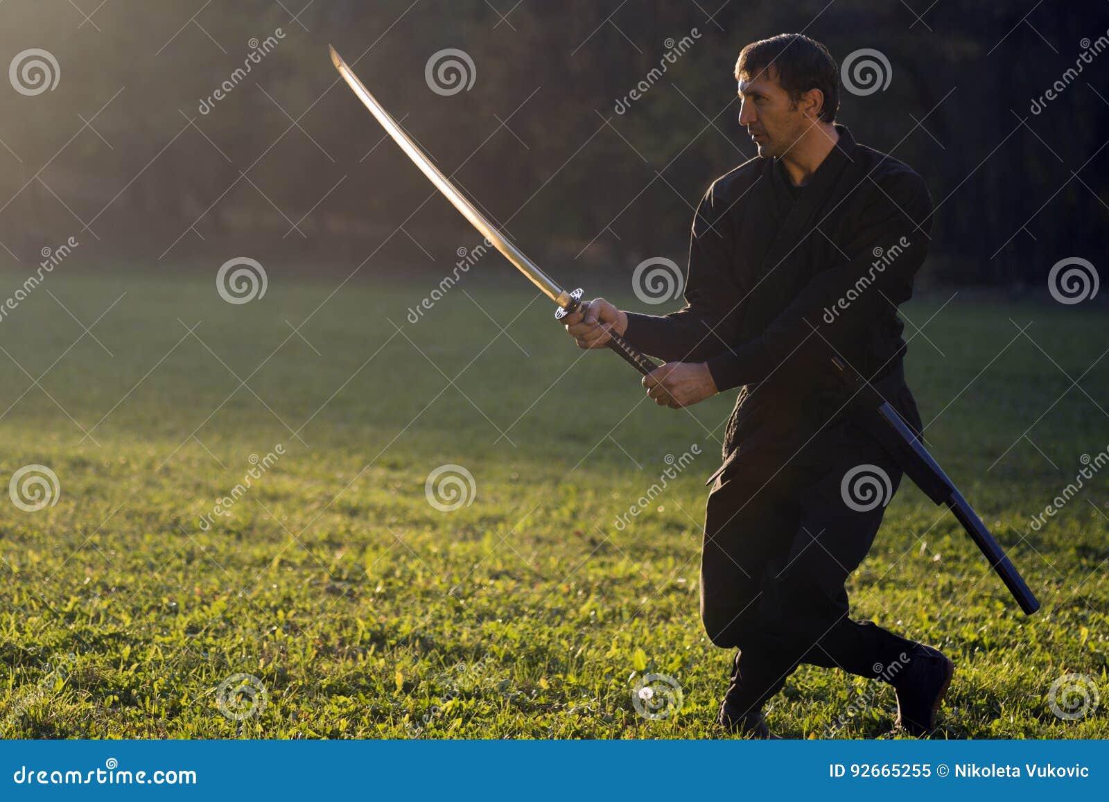 Ninja with sword stock image. Image of kimono, arts, grass - 92665255