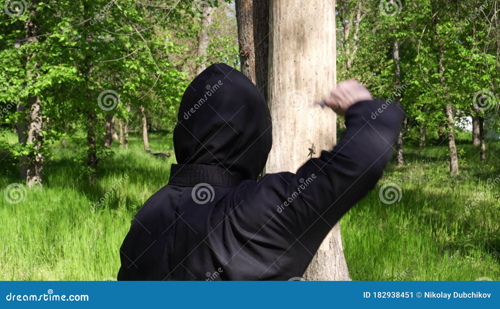Ninja Throws Throwing Stars Shurikens into a Tree. a Ninja is Training ...