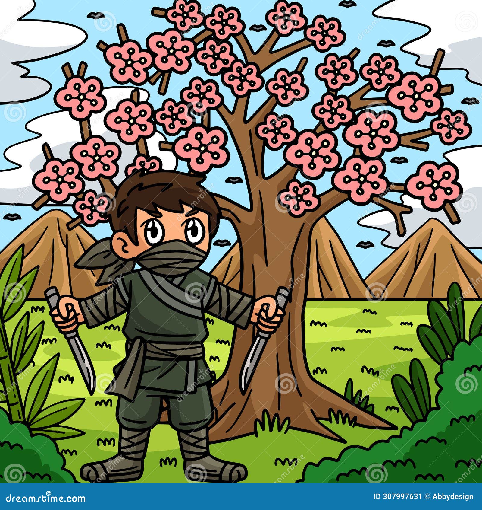 Ninja Under the Sakura Tree Colored Cartoon Stock Vector - Illustration ...