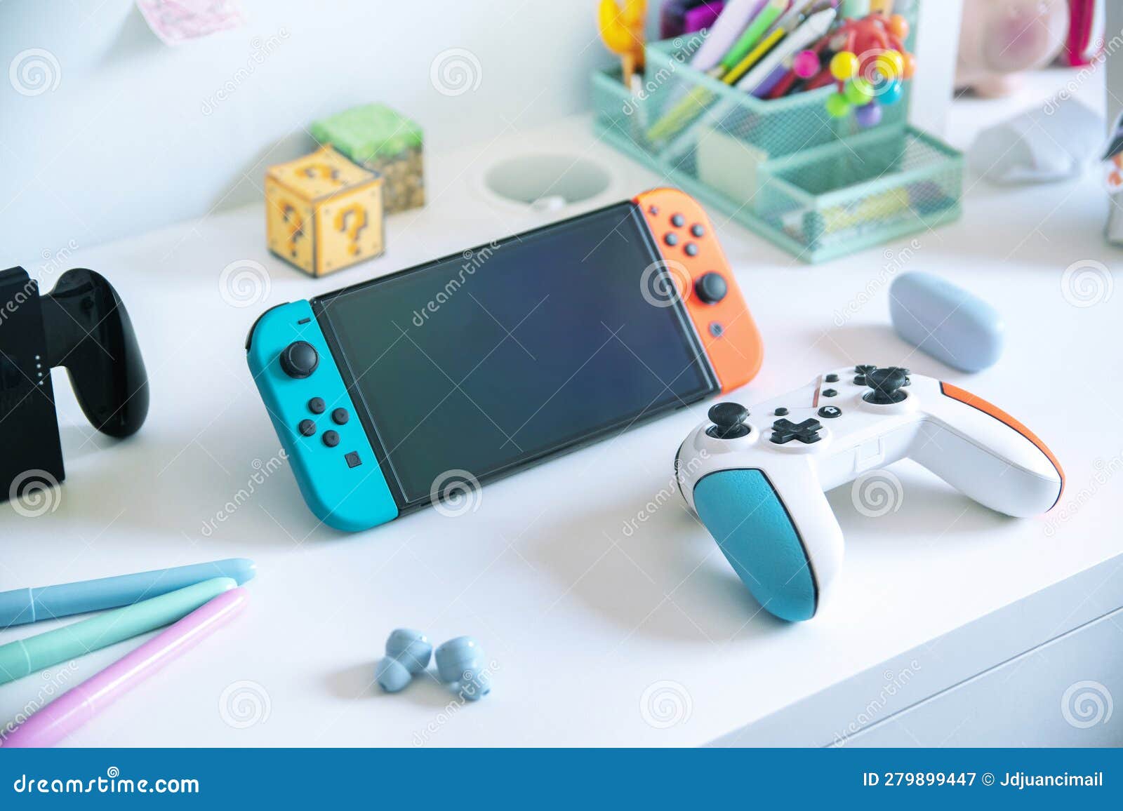 Nintendo Switch Oled Console on a Teenager S Desktop. Editorial ...