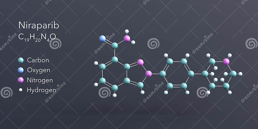 Niraparib Molecule 3d Rendering, Flat Molecular Structure with Chemical Formula and Atoms Color ...