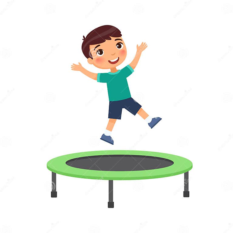Niño Pequeño Saltando Sobre Una Ilustración Plana Trampolín Stock De Ilustración Ilustración