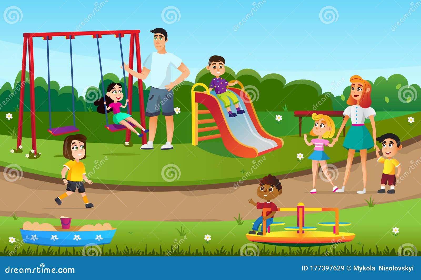 Niños De Dibujos Animados Juegan Al Parque De Juegos Del Swing Slide ... Niños De Dibujos Animados Juegan Al Parque De Juegos Del Swing Slide ...