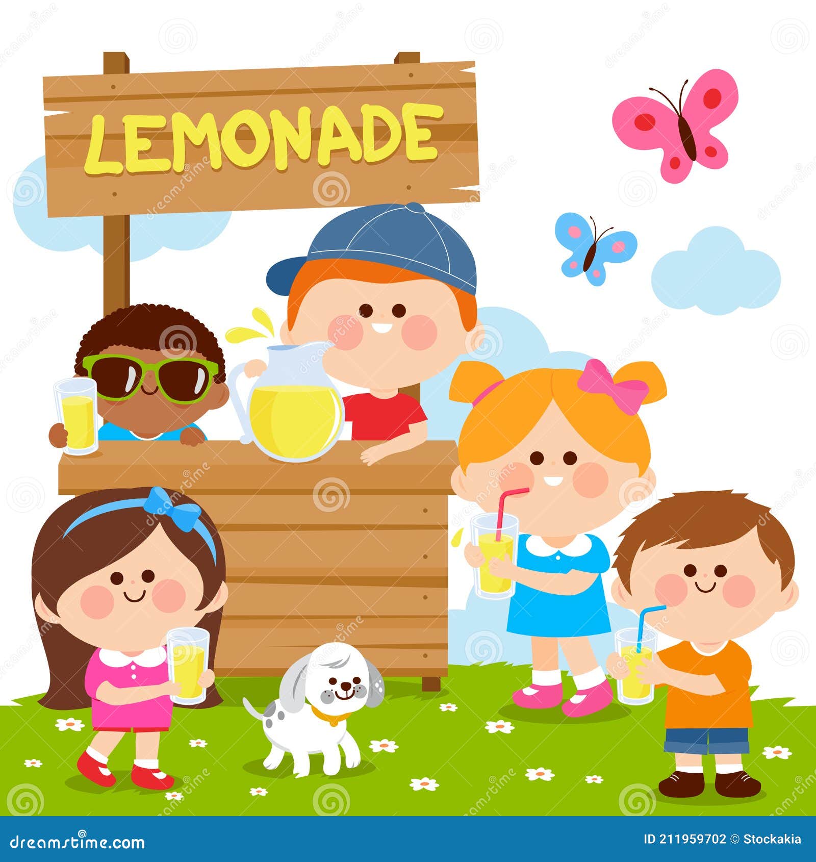Niños En Un Puesto De Limonadas Tomando Jugo De Limón. Ilustración ... Niños En Un Puesto De Limonadas Tomando Jugo De Limón. Ilustración ...