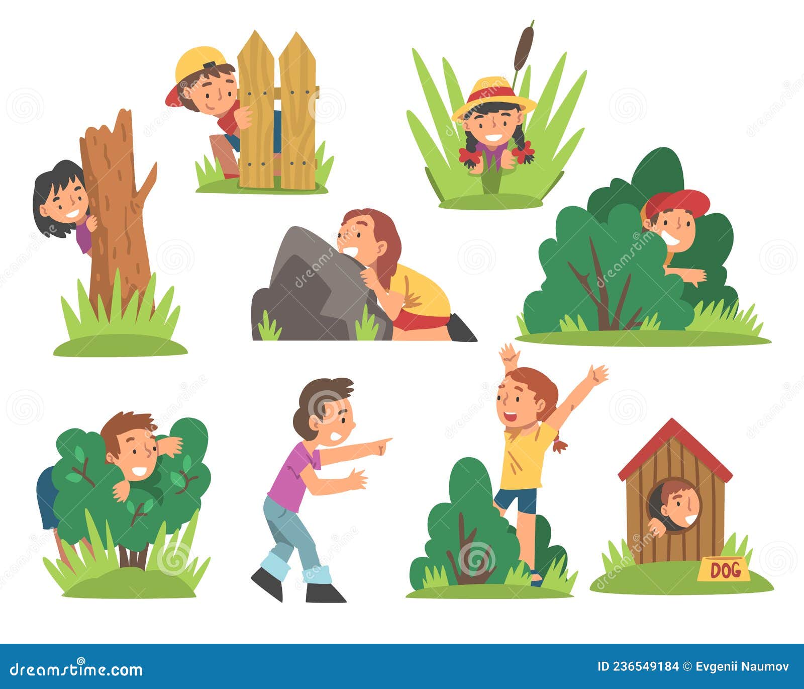 Niños Jugando Al Escondite Detrás Del Juego De Vectores De árboles Y ... Niños Jugando Al Escondite Detrás Del Juego De Vectores De árboles Y ...