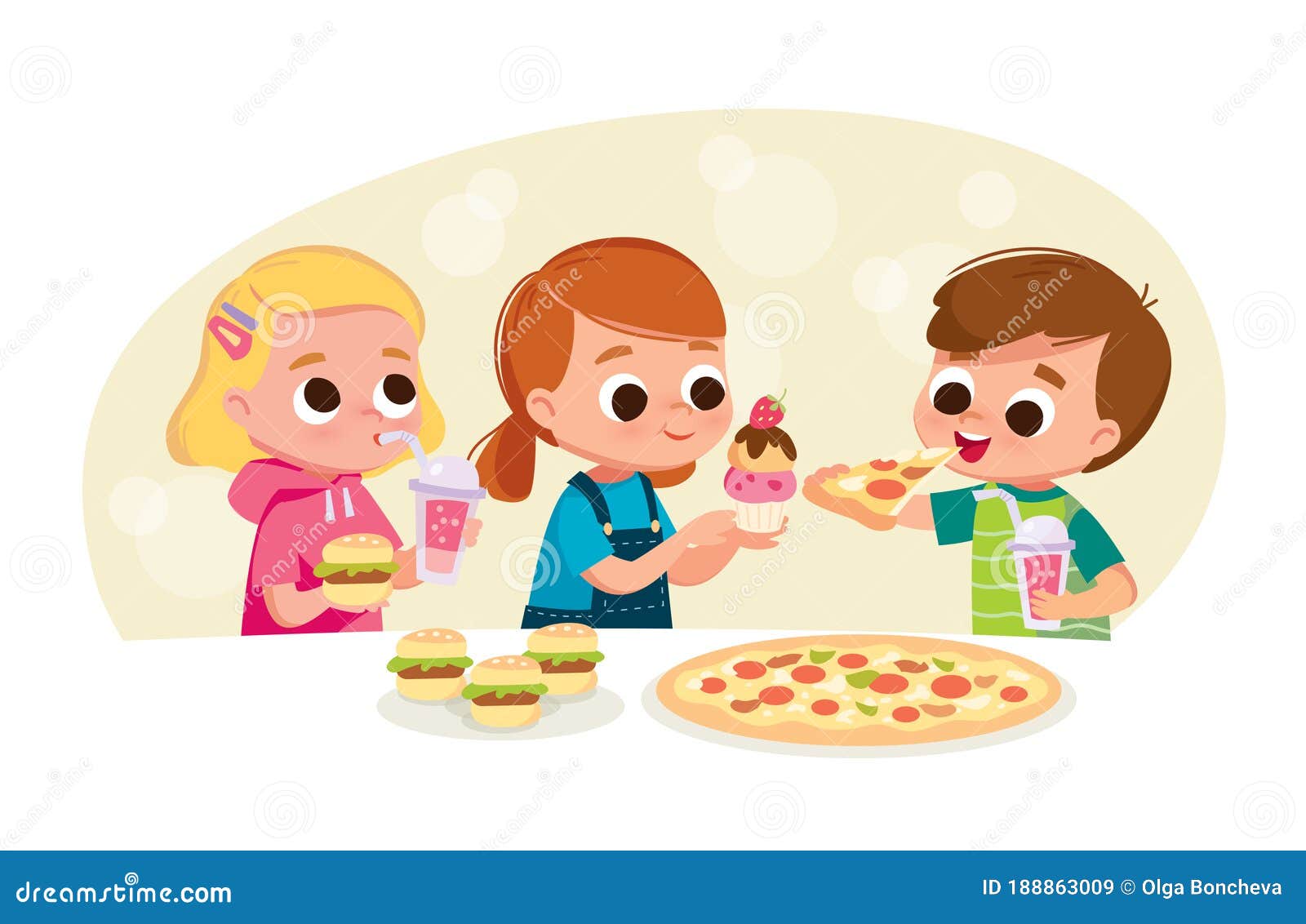 Niños Y Niñas Comiendo Comida Rápida Niño Comiendo Pizza Ilustración