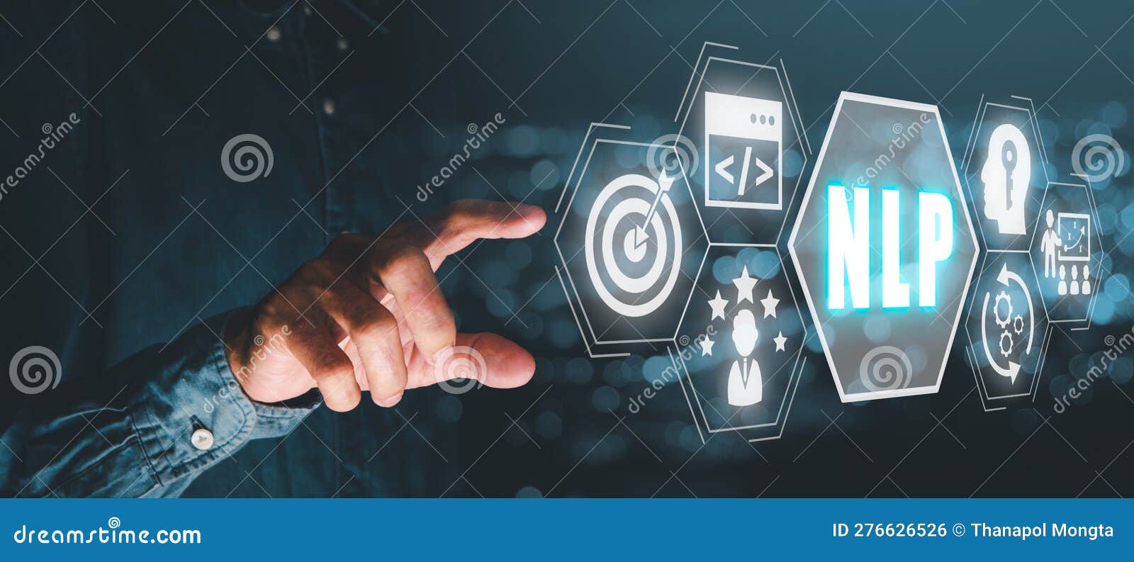 Business Person Hand Holding VR Screen NLP Icon with Blue Bokeh ...