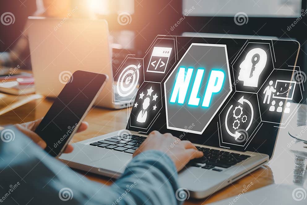 Business Person Using Laptop Computer with VR Screen NLP Icon, AI ...