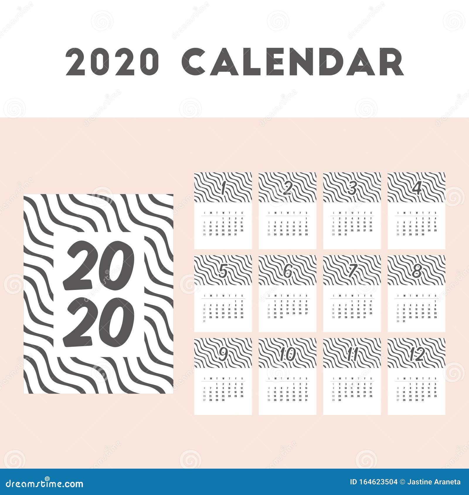 2020 Calendar Black and White Wavy Design Stock Illustration ...