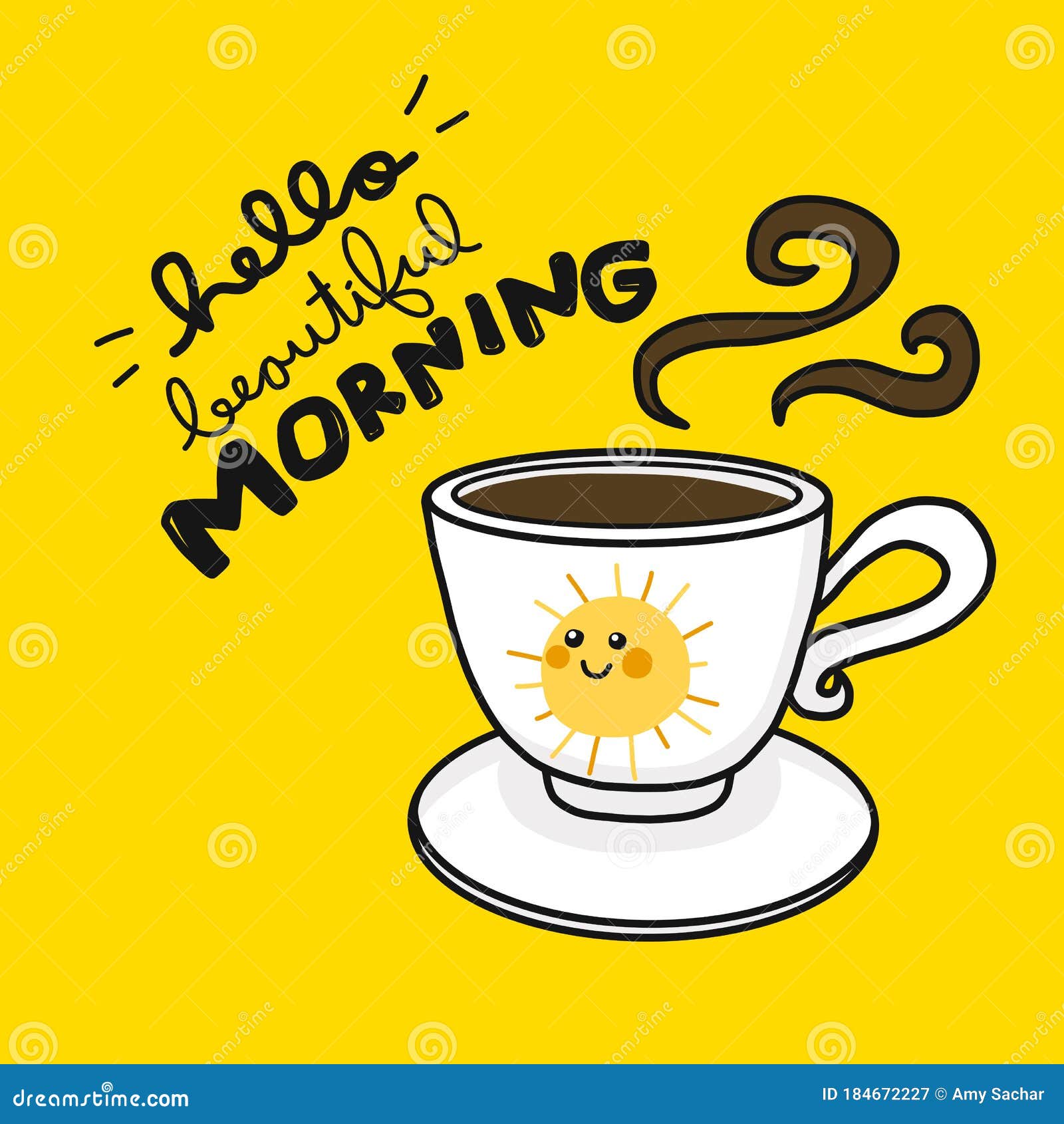 Hello Beautiful Morning Sun Smile and Coffee Cup Cartoon Illustration ...