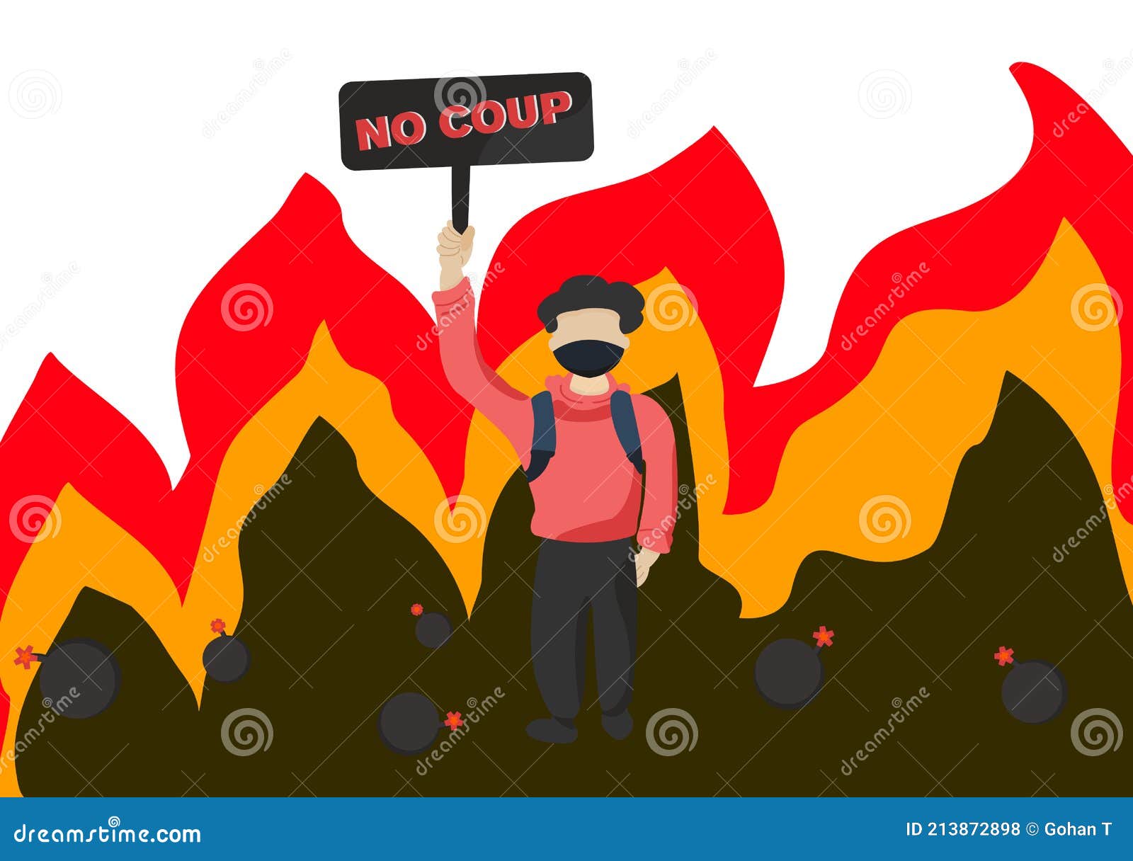 No Coup with Fire, a Protest Man in Bonfire with No Seize Power Sign ...