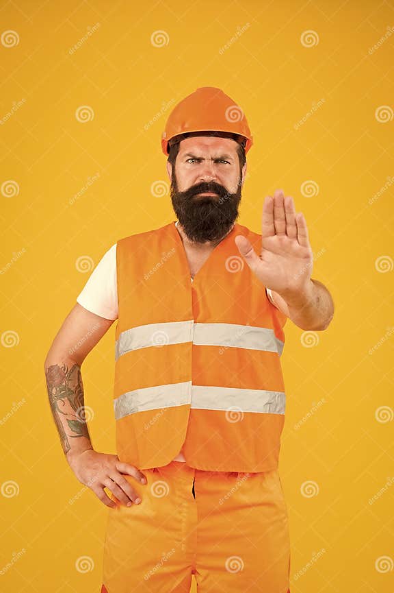No Entry. Man Engineer Protective Uniform Stop You. Architect Builder ...