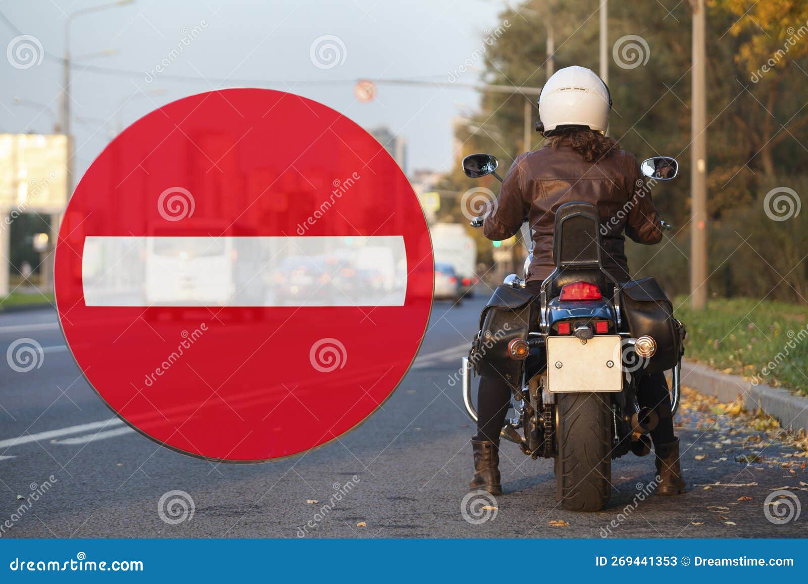 No Entry Sign and Motorcyclist Standing by the Roadside, Collage Stock ...