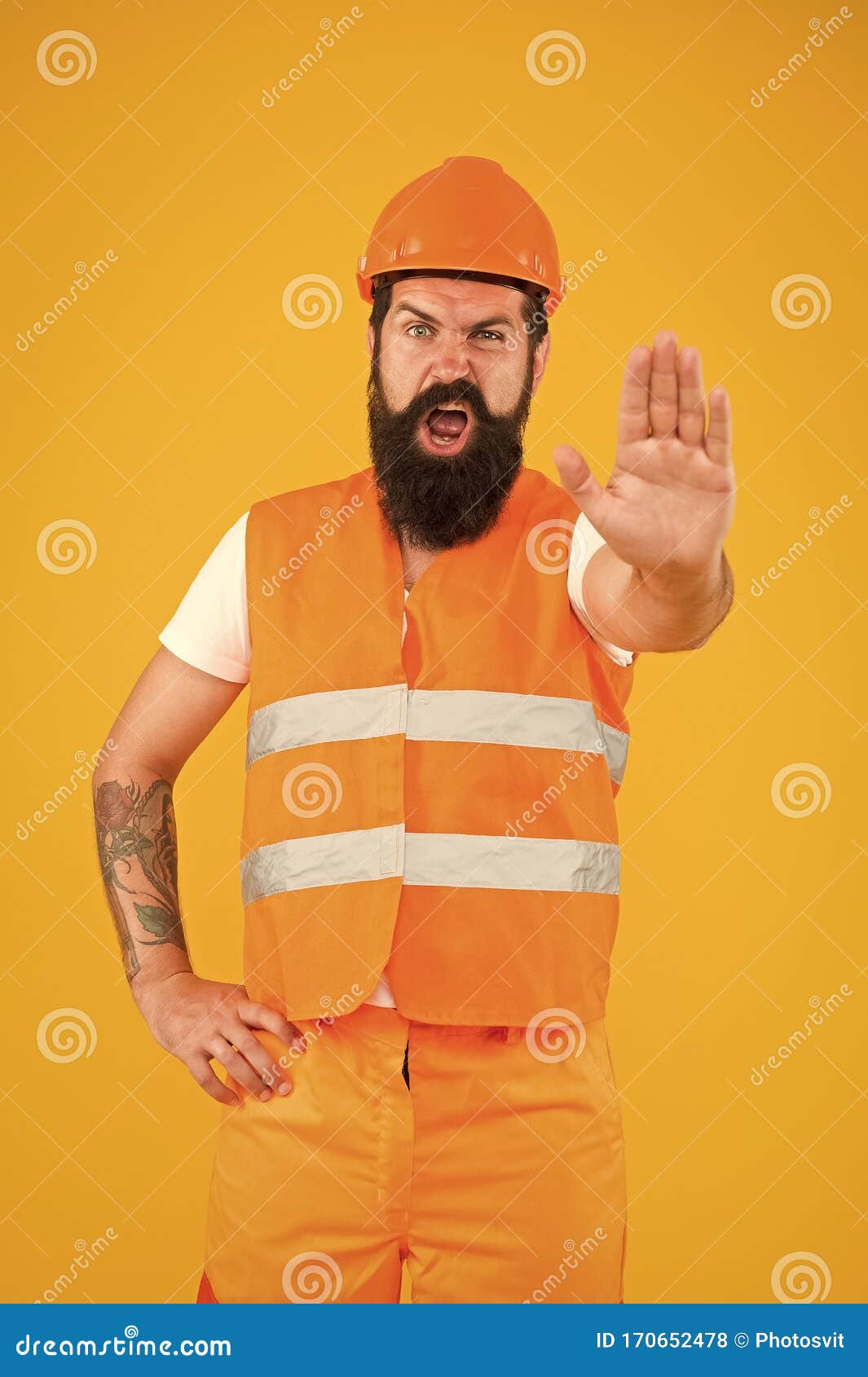 Stop. Dangerous Zone. No Entry. Man Engineer Protective Uniform Stop ...