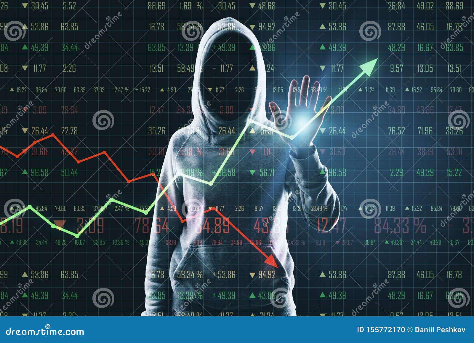 No Face Hacker and Business Chart Screen with Growing and Falling ...
