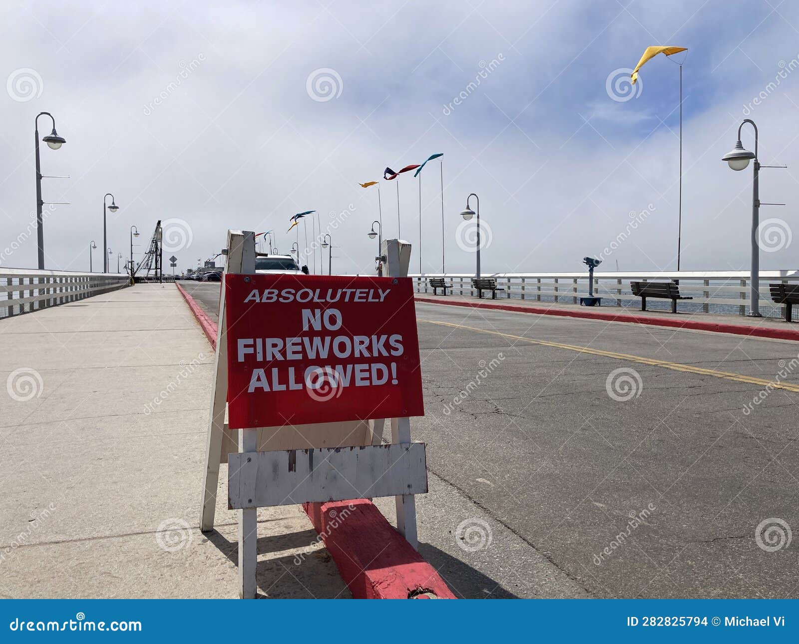 No Fireworks Allowed Outdoors Sign on Public Pier Stock Photo - Image ...