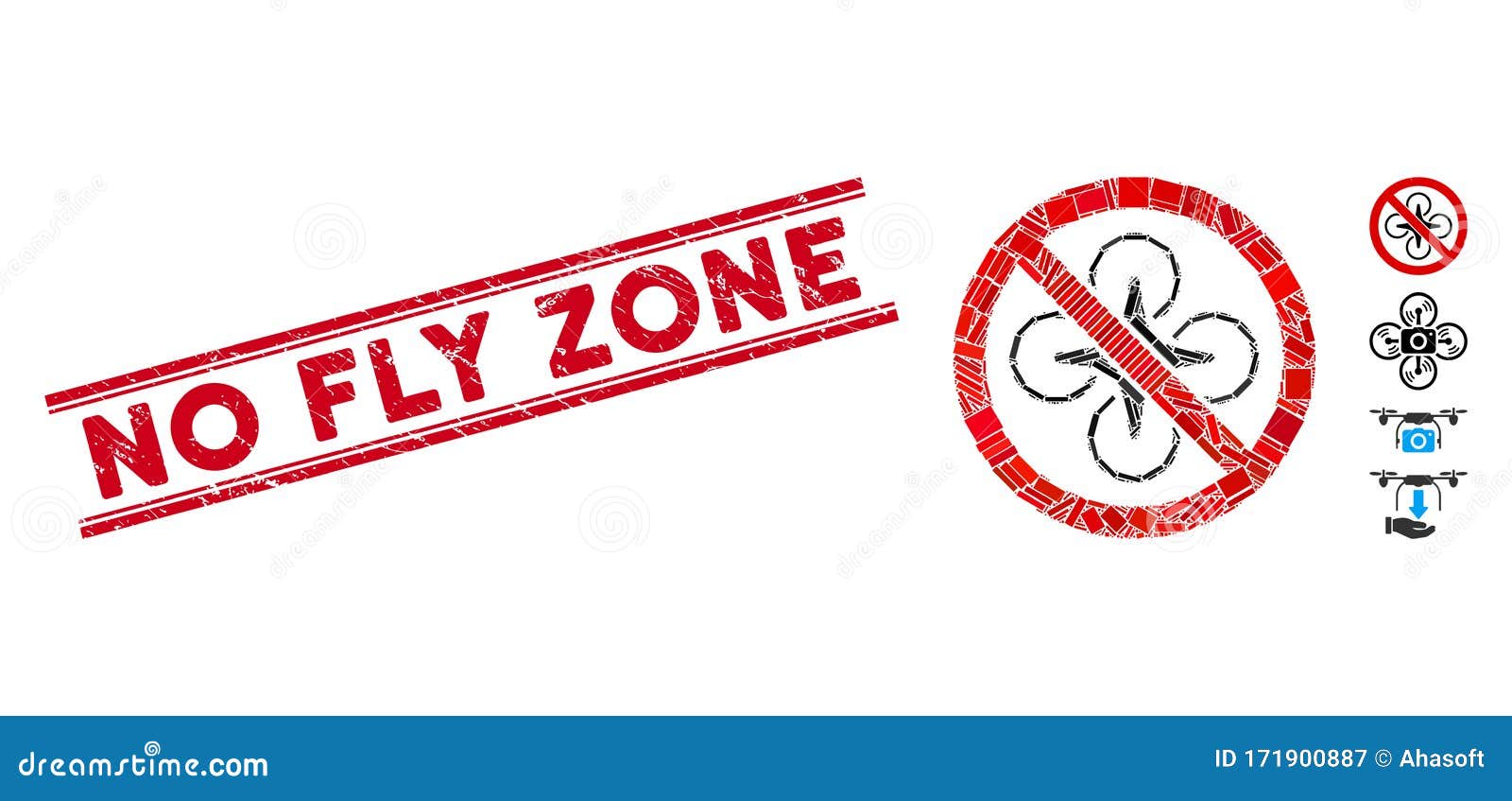 No Fly Drone Mosaic and Scratched No Fly Zone Stamp with Lines Stock ...