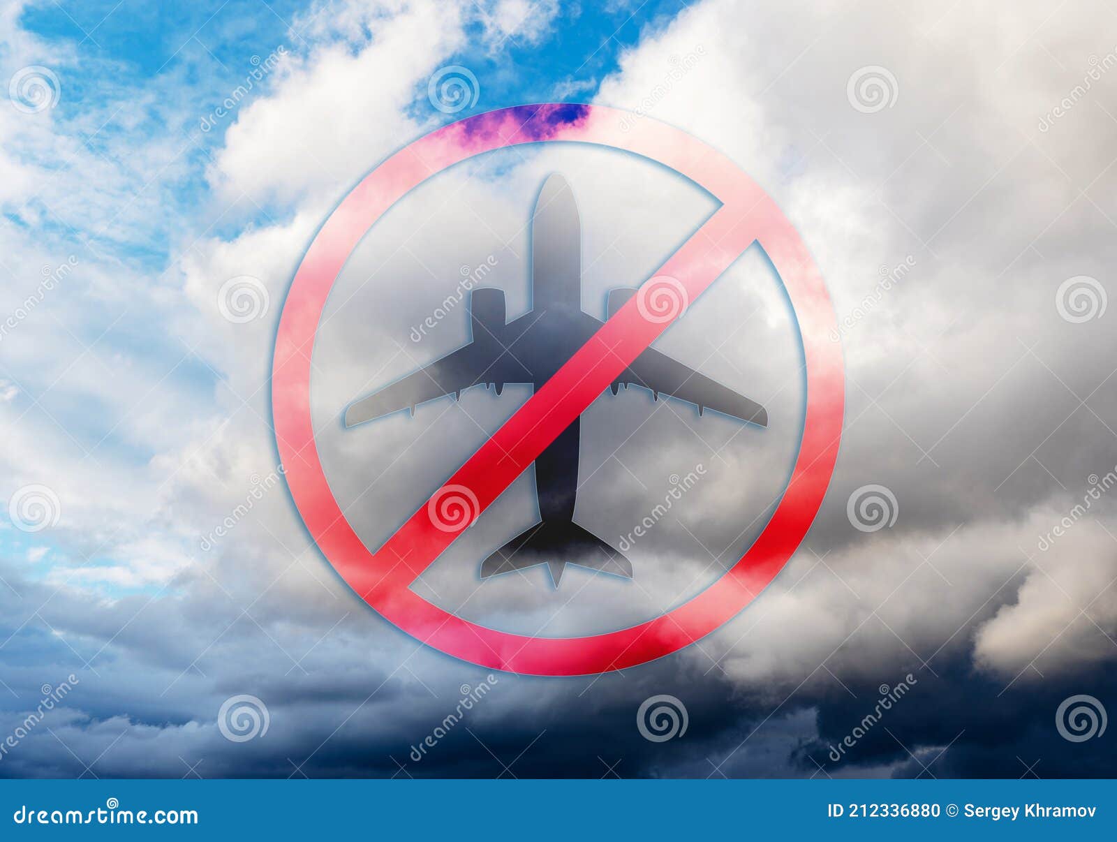 No-fly Sign on the Background of the Sky with Clouds. Collage Stock ...