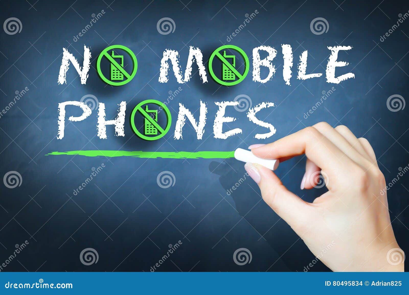 No Mobile Phones Text on Chalkboard Stock Photo - Image of permitted ...