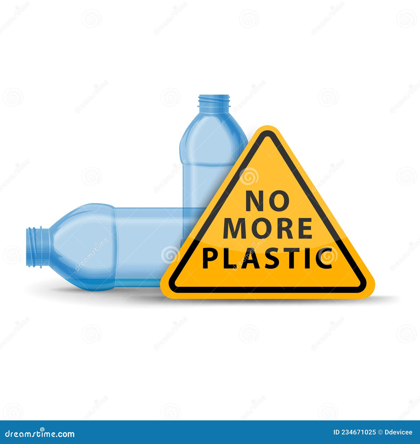 No More Plastic, Yellow Triangular Sign with Empty Plastic Bottles ...