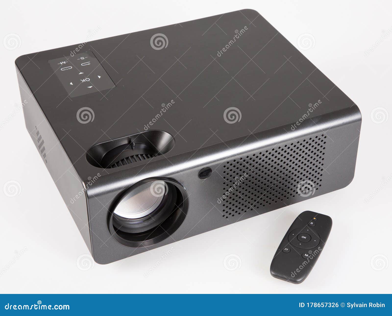 No Name Black Projector with Smart Little Remote Isolated on White ...