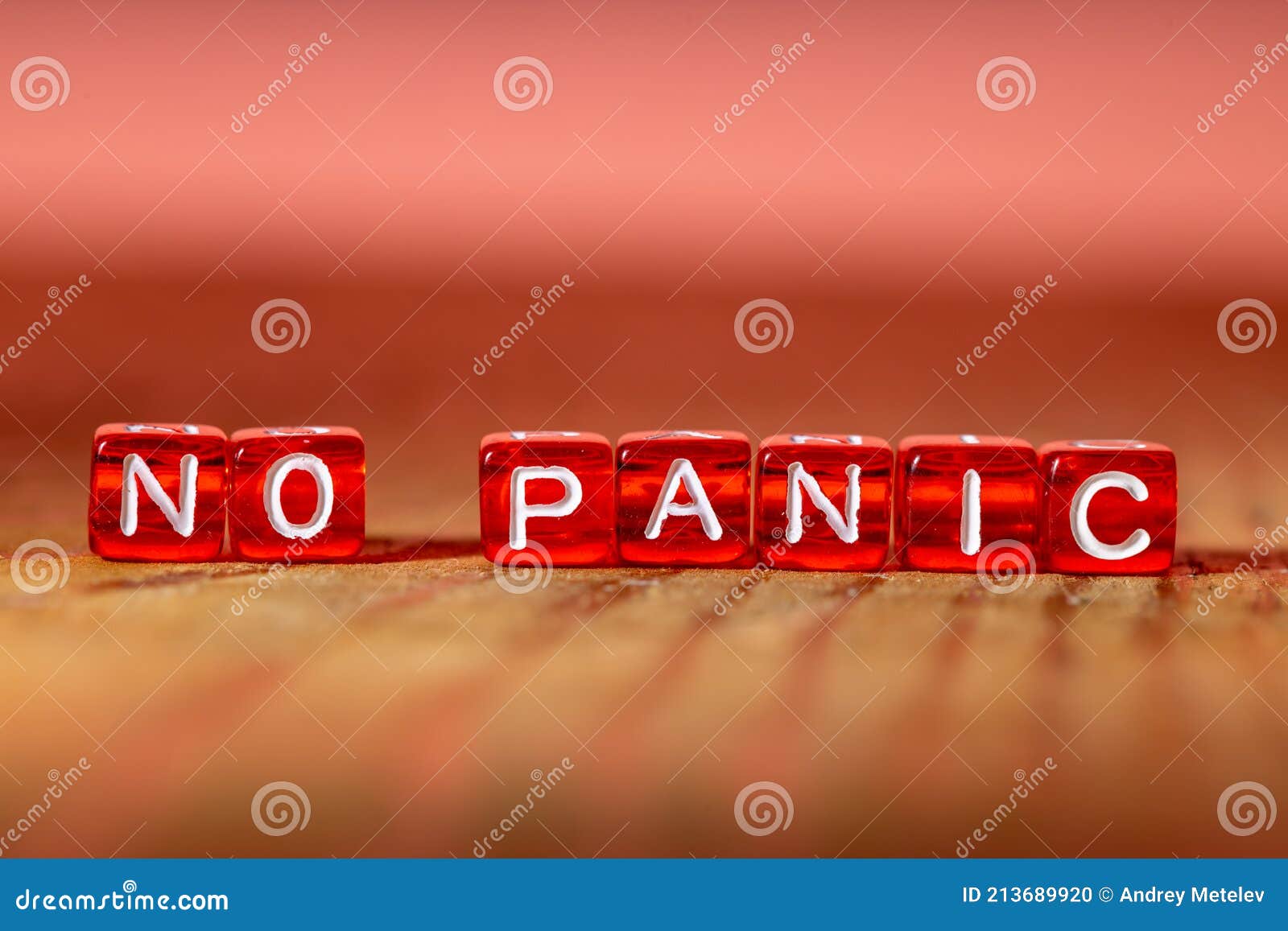 No Panic on Red Alarming Background, Wooden Surface in Perspective ...