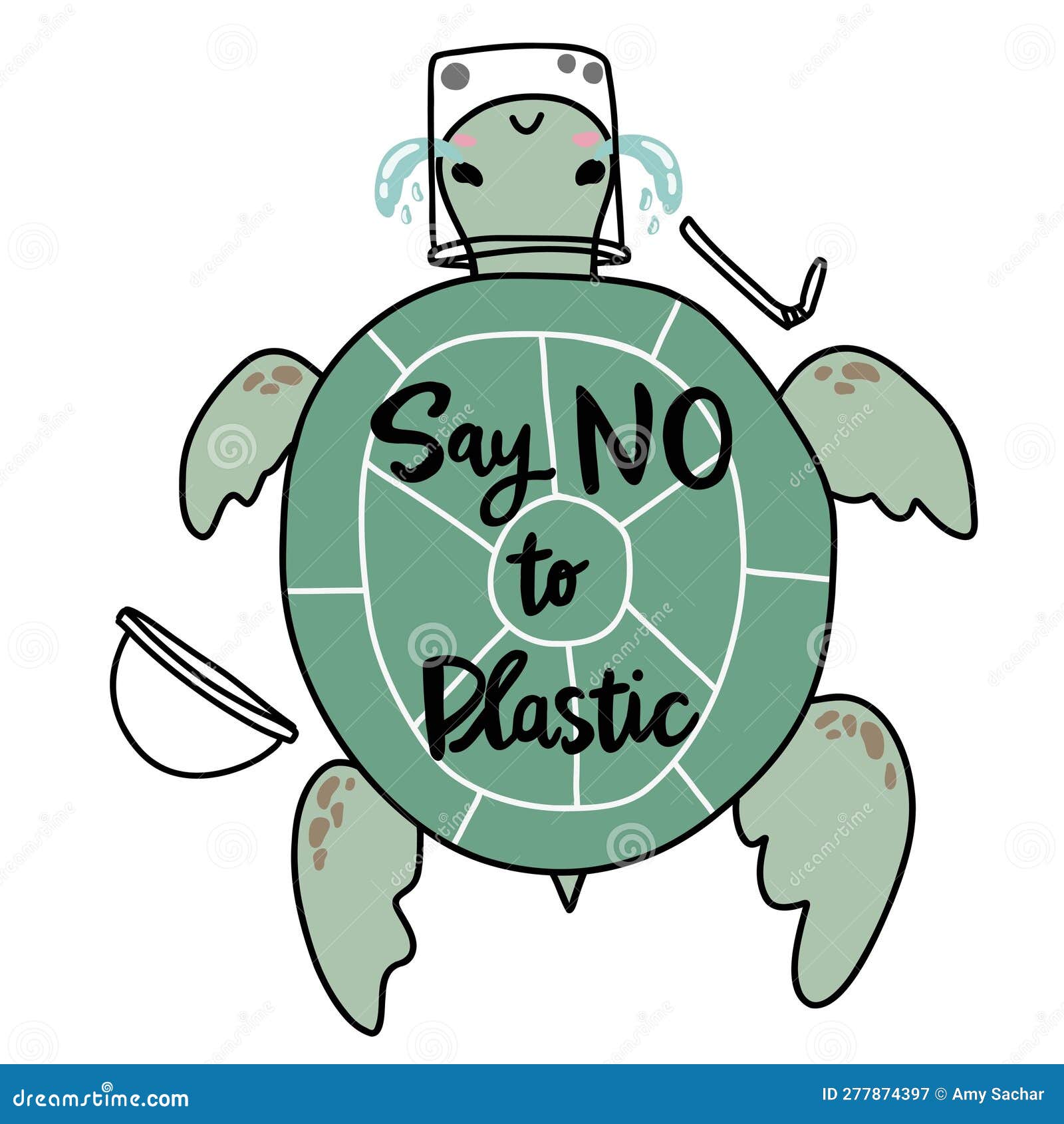 Turtle Say No To Plastic Cartoon Illustration Doodle Style Stock Vector ...