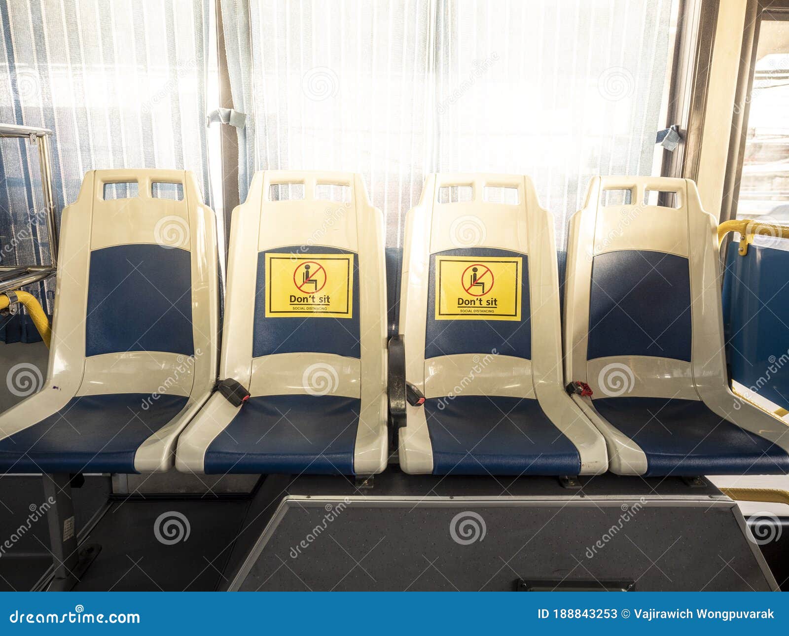 No Sitting Sign on Bus Seat. No People on Bus. Empty Seat. Flare Light ...