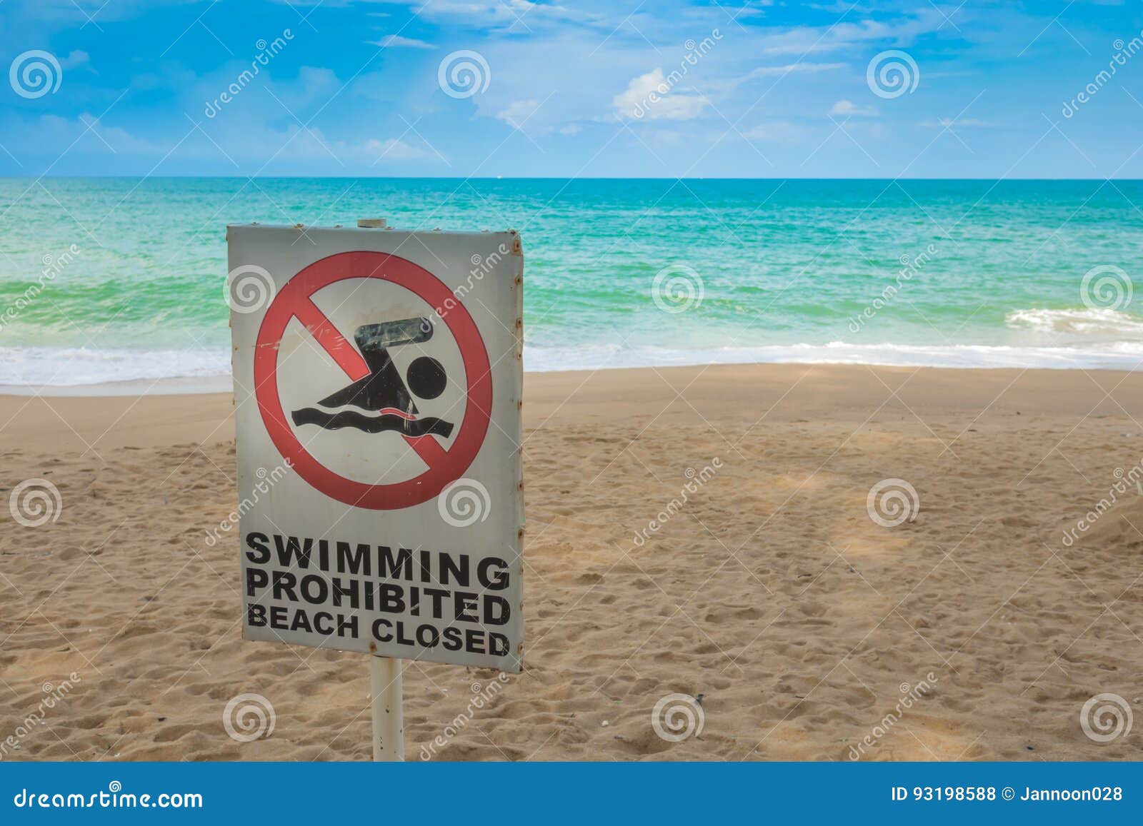No Swimming Sign on Beach . Stock Photo - Image of sign, sand: 93198588