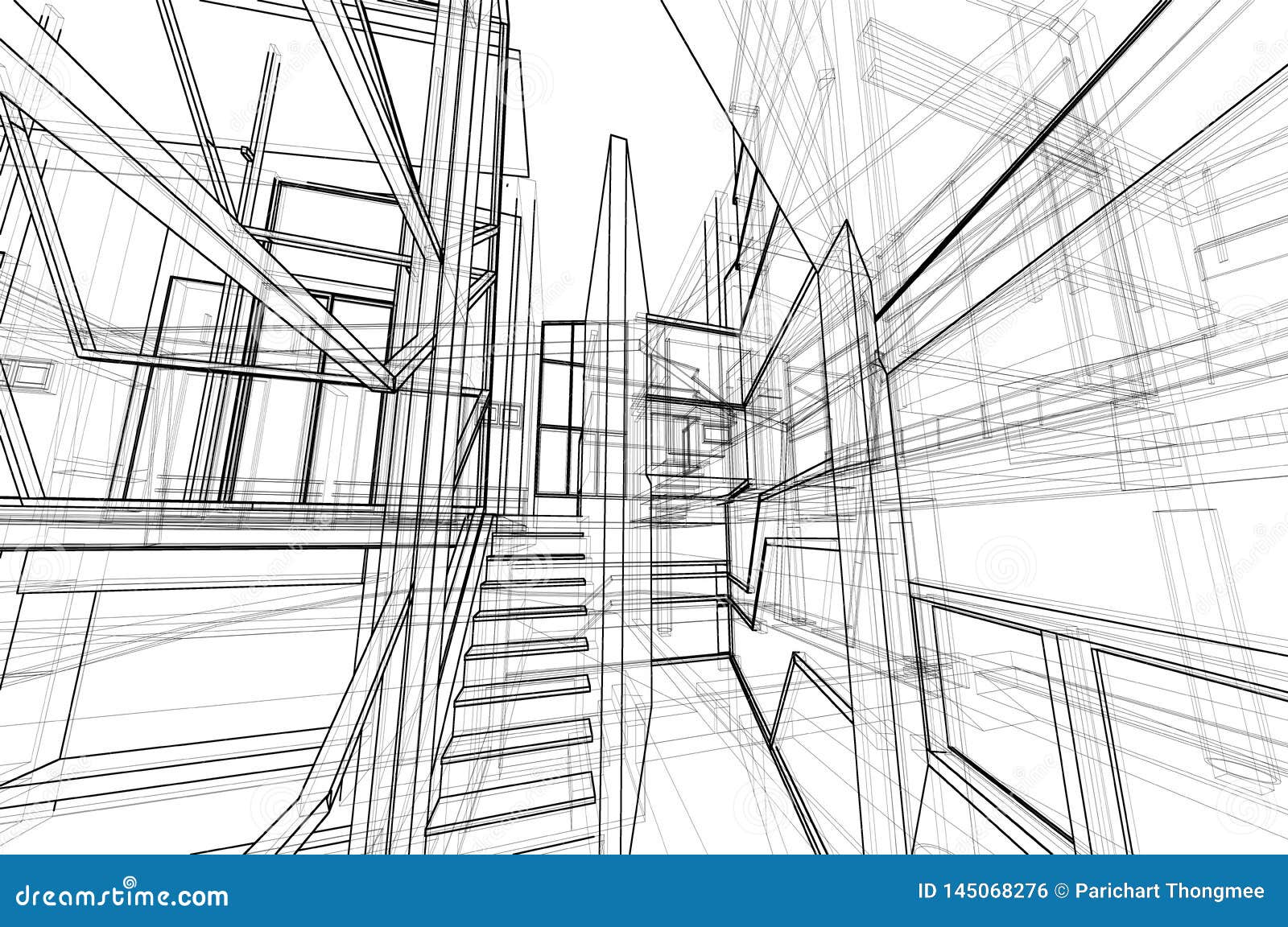 Architecture Interior Space Design Concept 3d Perspective Wire Frame ...