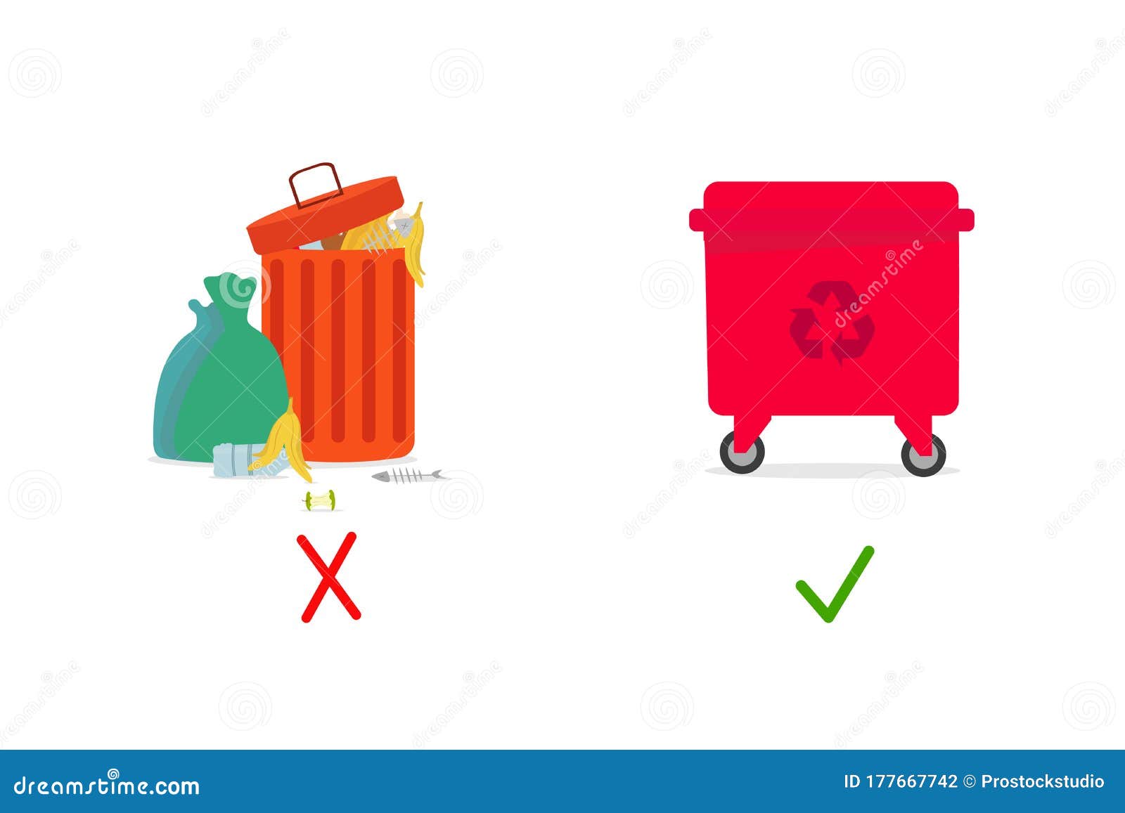 Full Dustbin with Different Garbage Vs Recycling Trash Can Stock Vector ...