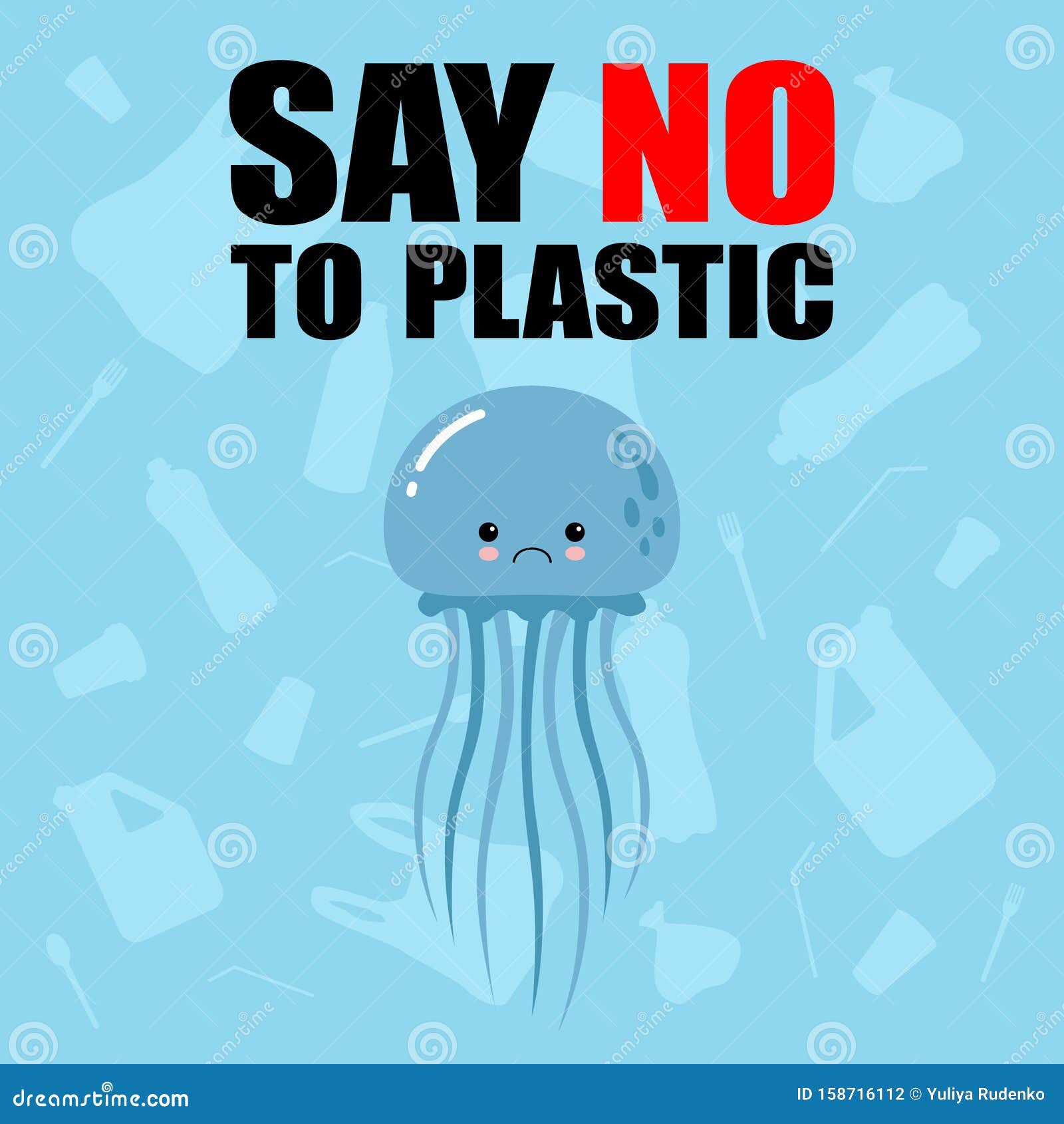 No To Plastic. Stop Ocean Plastic Pollution. Cute Sad Jallyfish ...