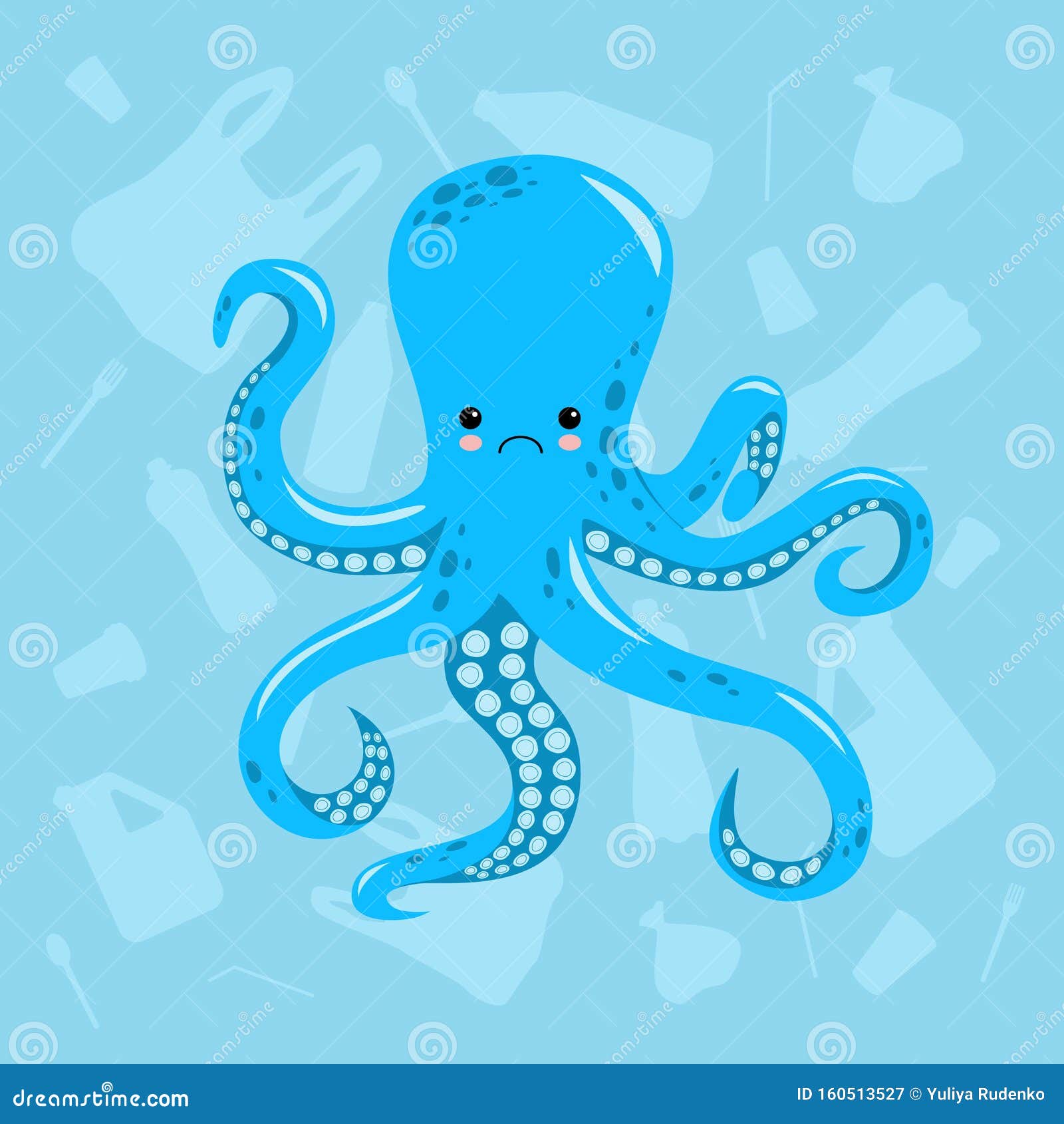 No To Plastic. Stop Ocean Plastic Pollution. Cute Sad Octopus ...