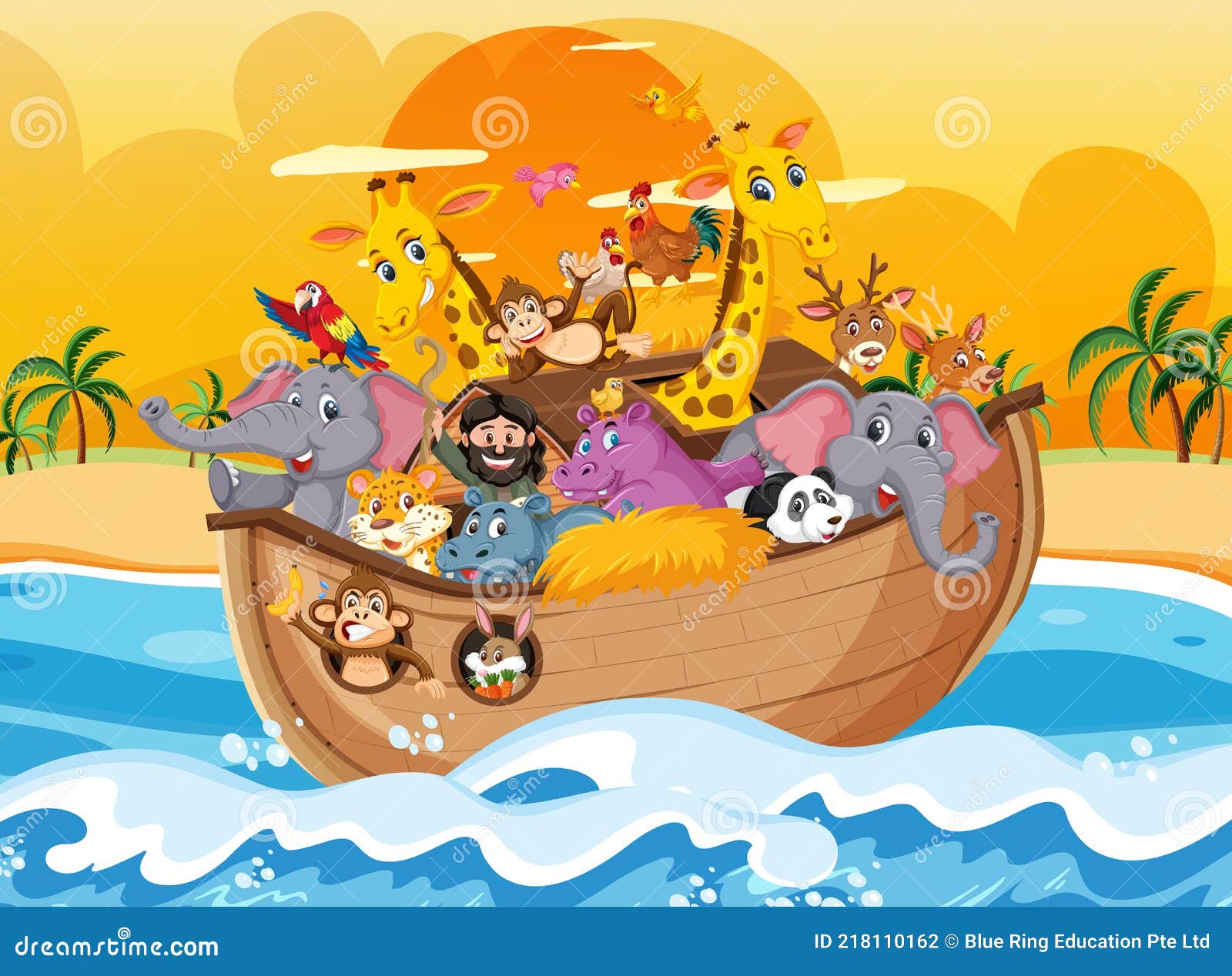 Noah`s Ark with Animals in the Ocean Scene Stock Vector - Illustration ...