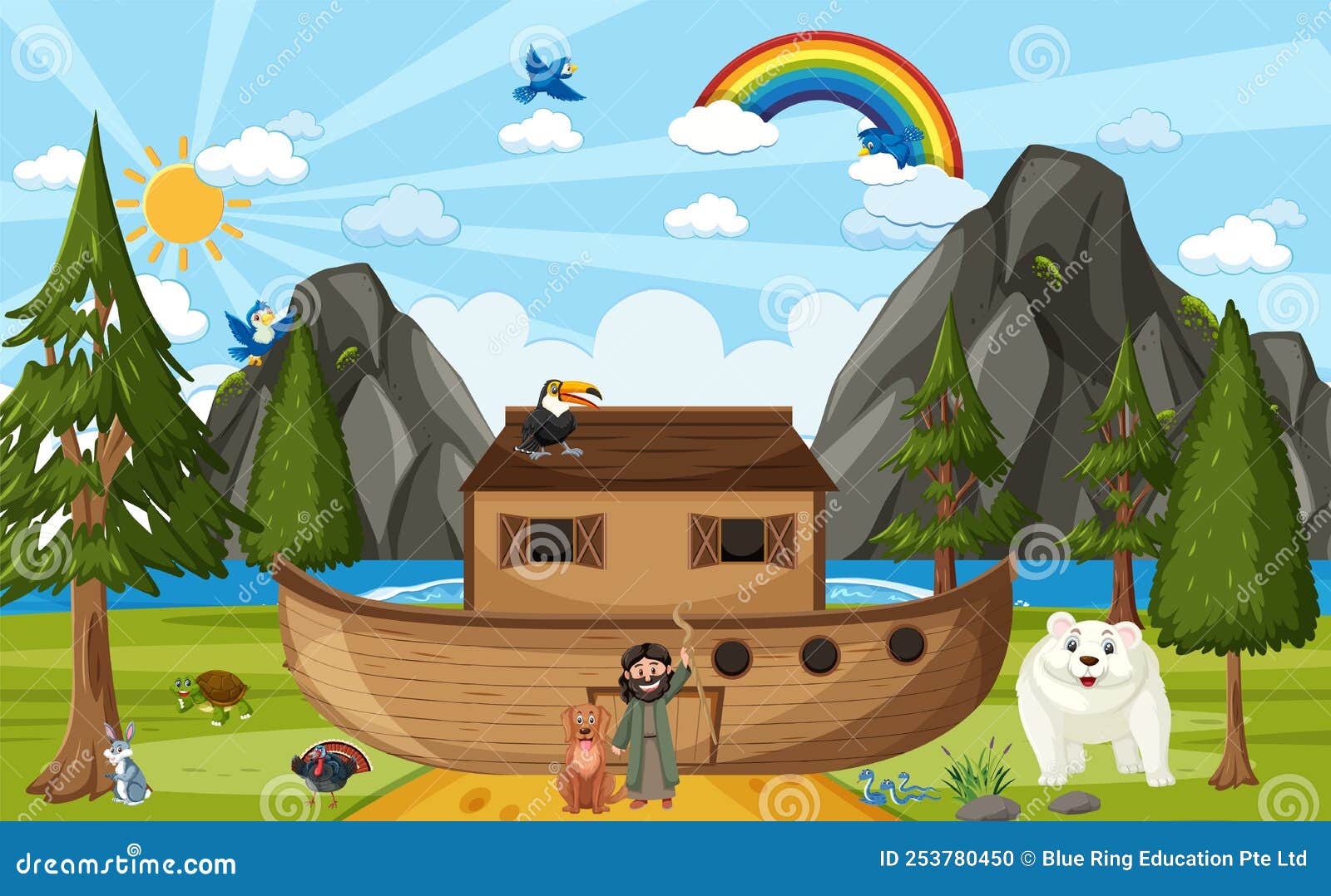 Noah`s Ark With Wild Animals In Nature Scene Vector Illustration ...