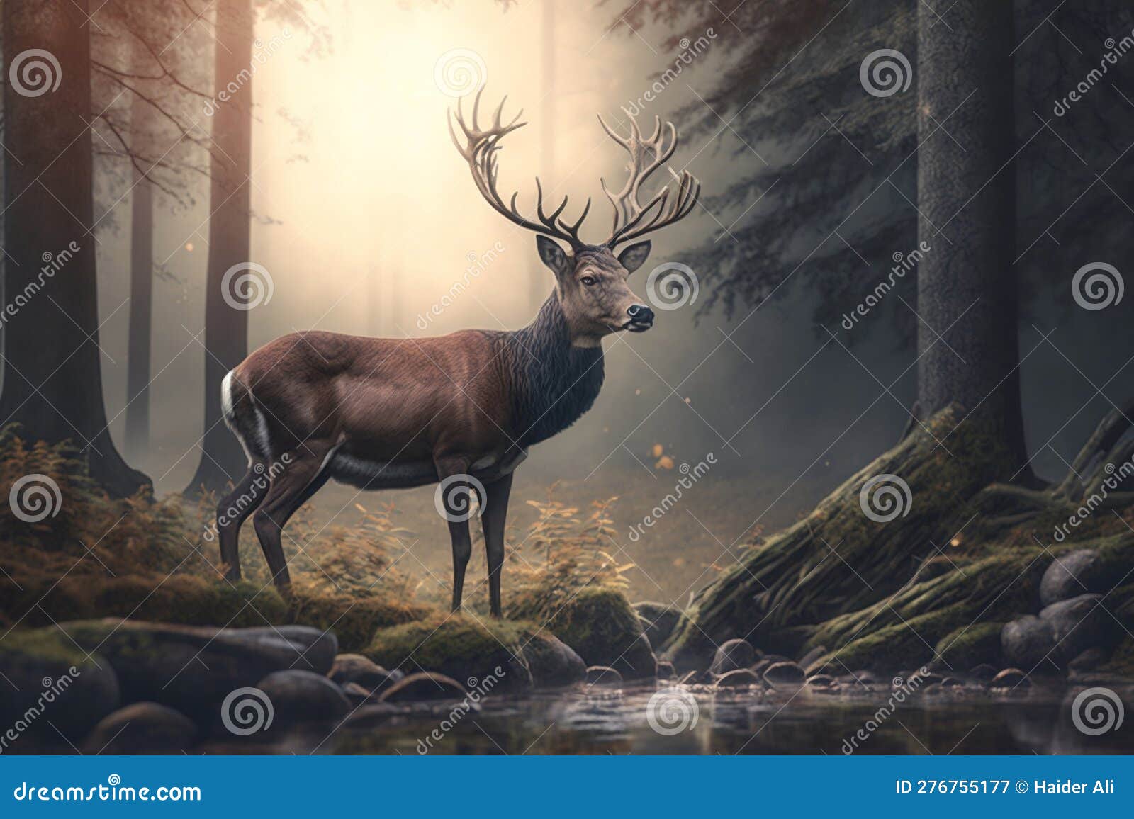 A Noble Horned Deer in the Forest at Dawn. Generative AI Stock ...