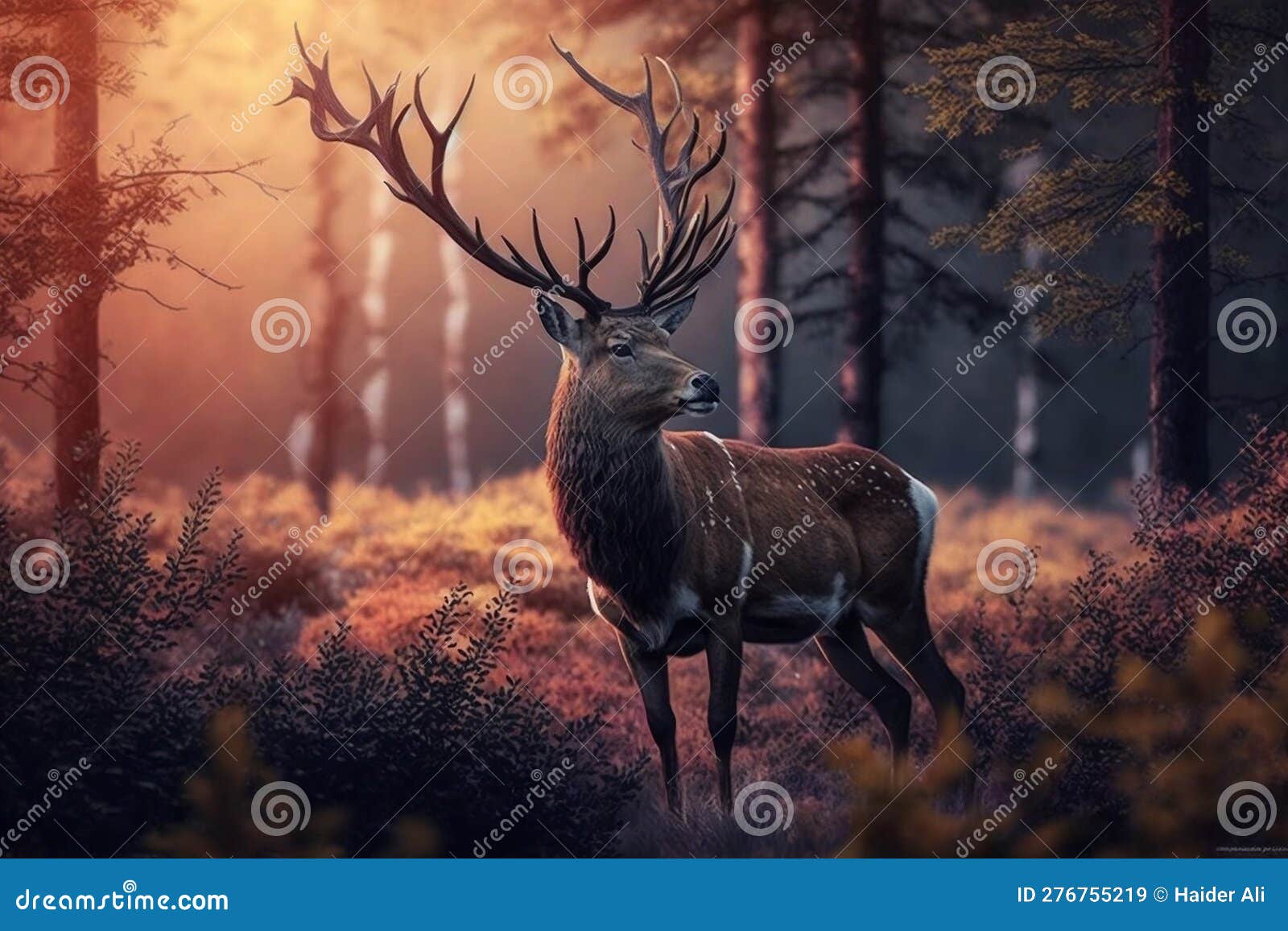 A Noble Horned Deer in the Forest at Dawn. Generative AI Stock ...