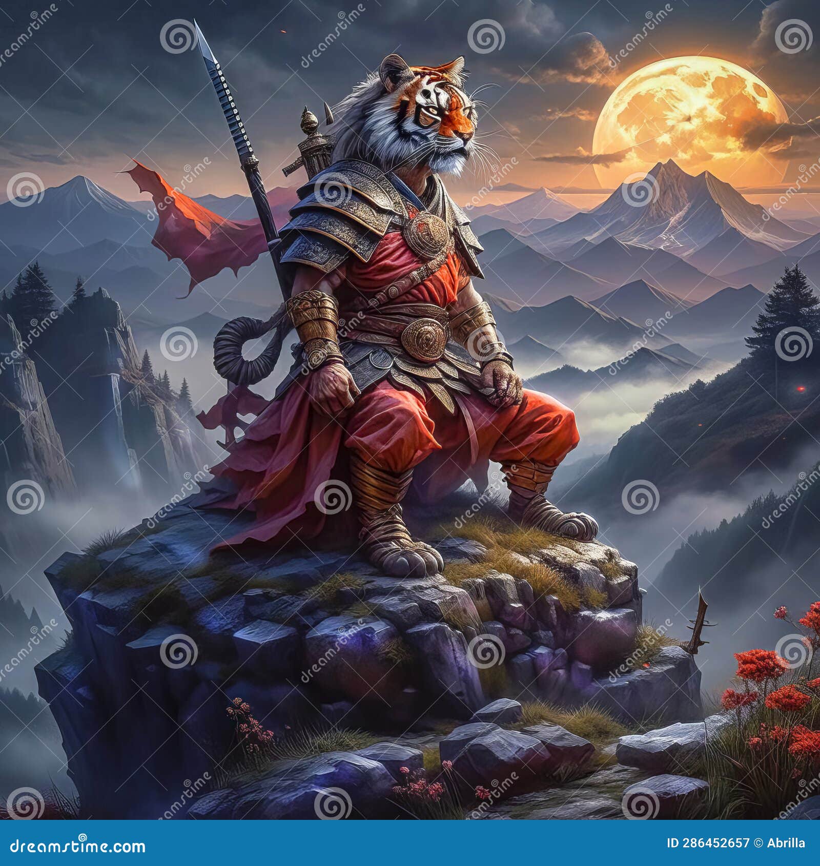 Noble Tiger Samurai In Armor, Tiger Samurai On The Mountain In The Full ...