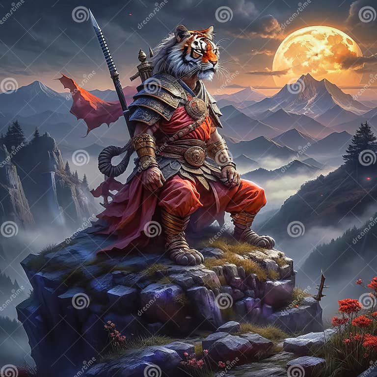 Noble Tiger Samurai in Armor, Tiger Samurai on the Mountain in the Full ...